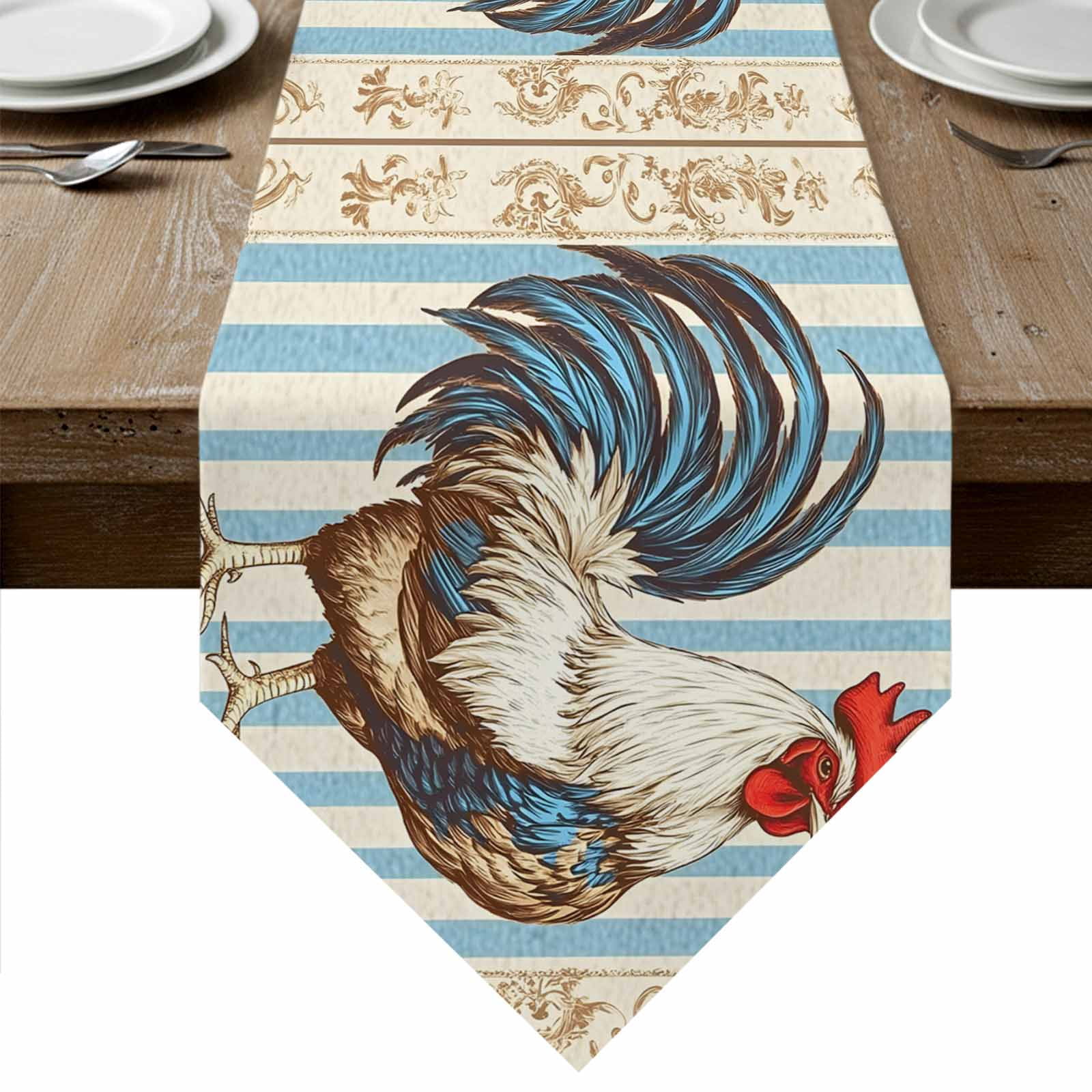 Retro Rooster Table Runner Linen Burlap Table Runner 108 Inches Long ...