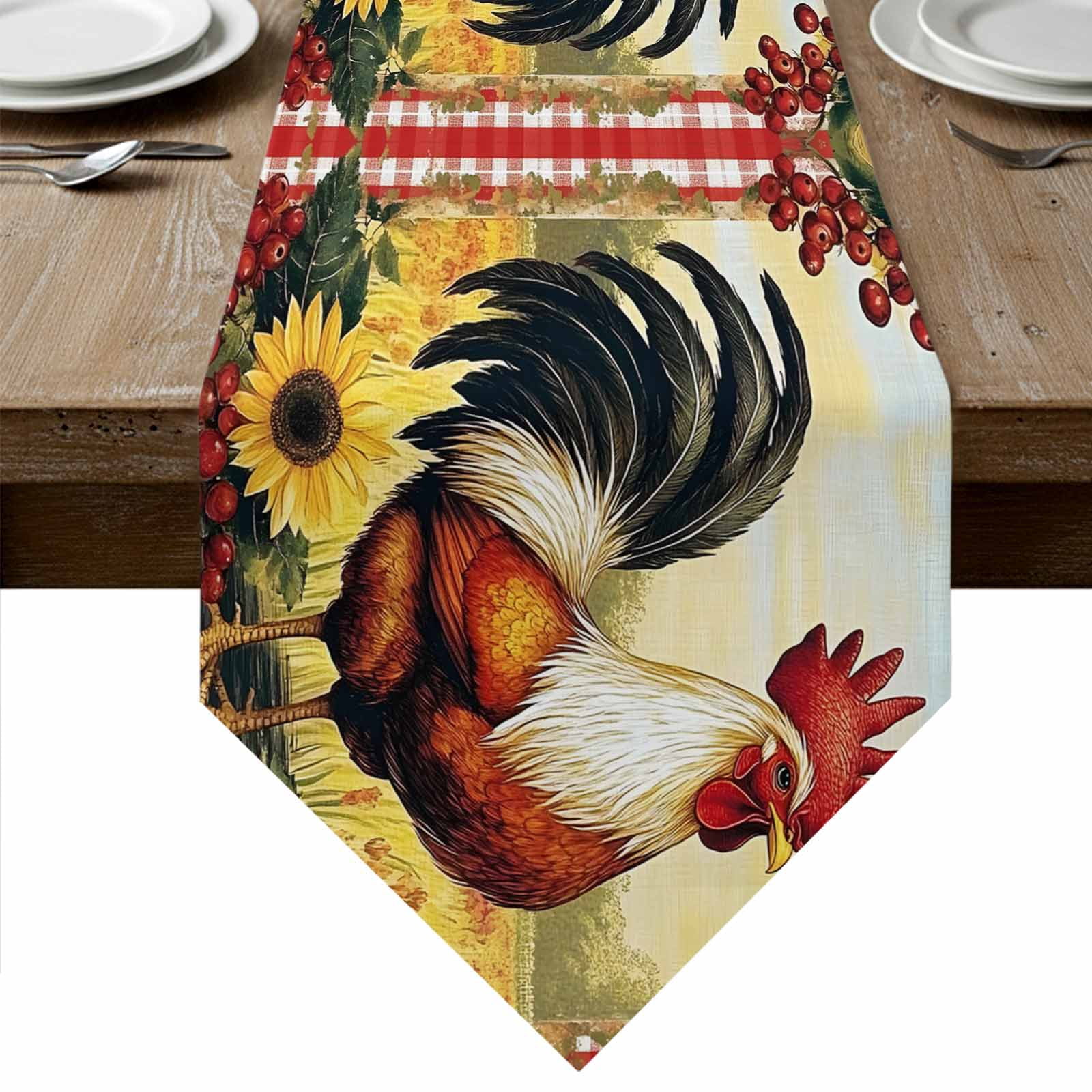 Retro Rooster Table Runner Linen Burlap Table Runner 108 Inches Long ...