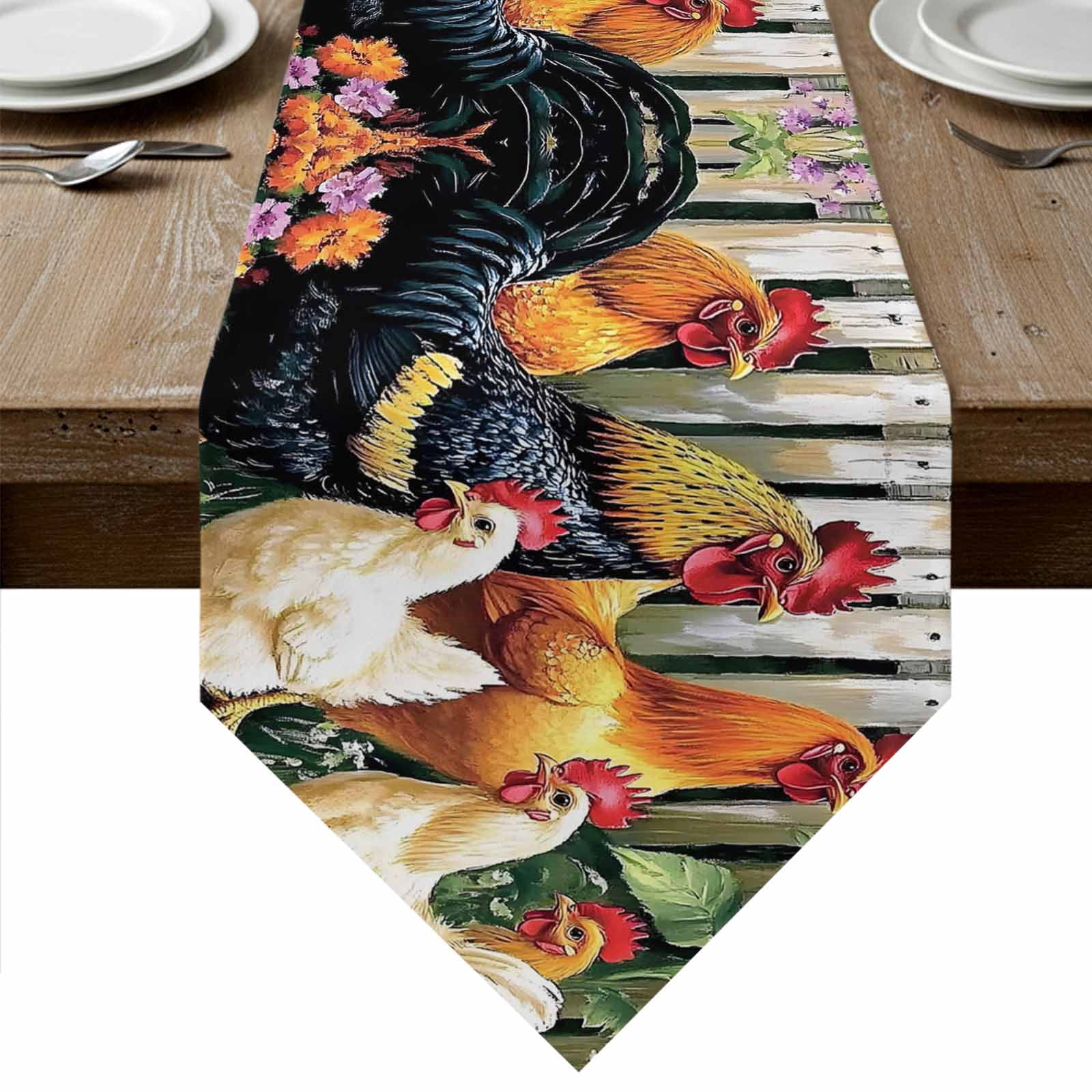 Retro Rooster Table Runner Linen Burlap Table Runner 120 Inches Long ...