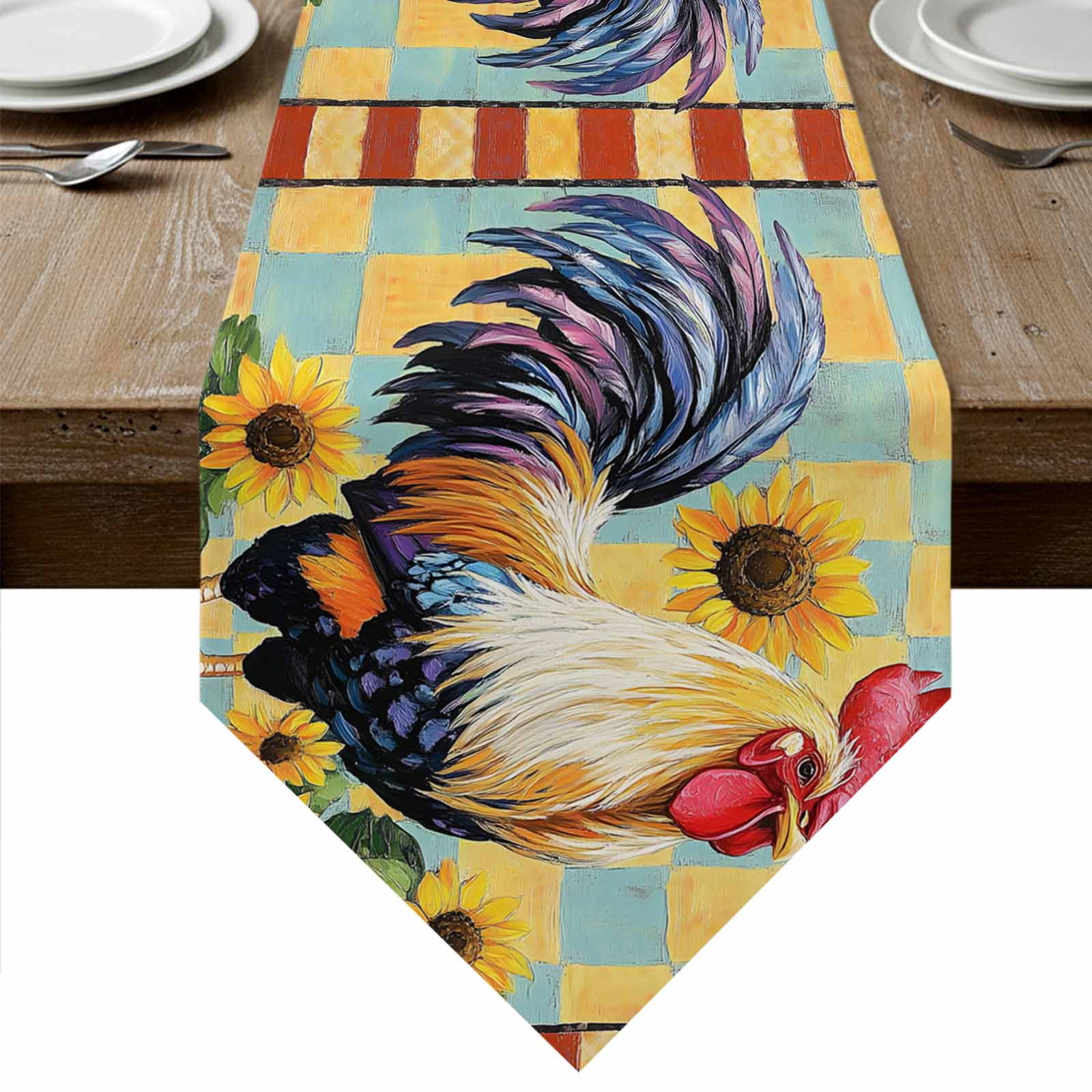 Retro Rooster Table Runner Linen Burlap Table Runner 36 Inches Small ...