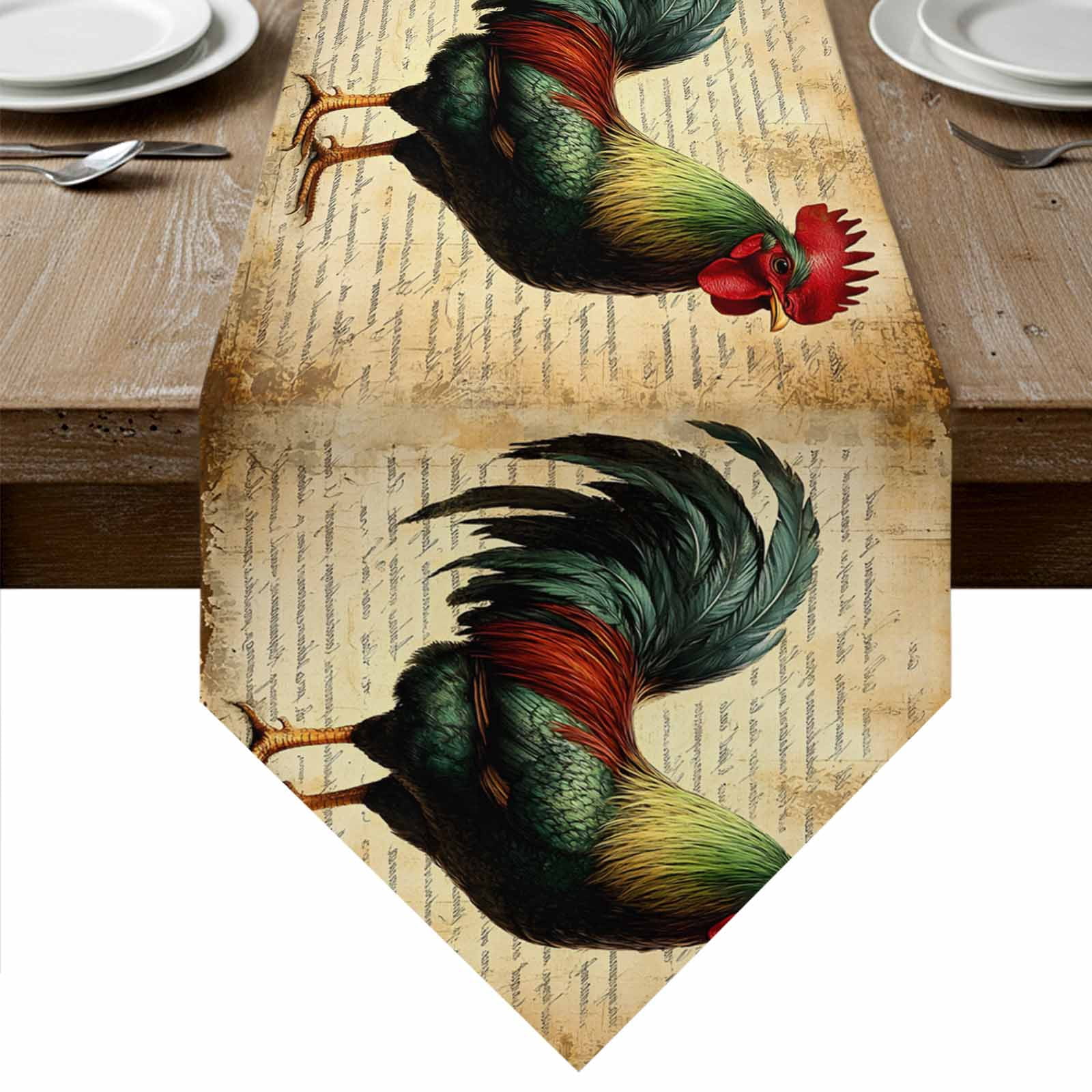 Retro Rooster Table Runner Linen Burlap Table Runner 48 Inches Long ...