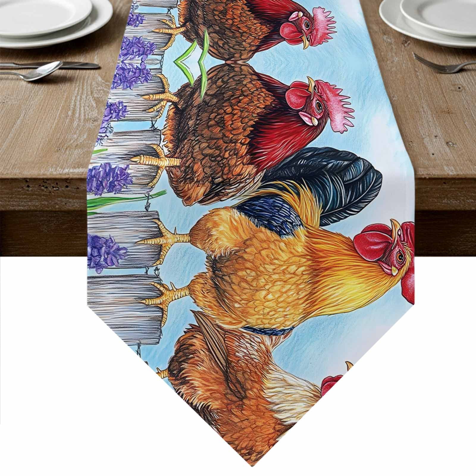 Retro Rooster Table Runner Linen Burlap Table Runner 60 Inches Long ...