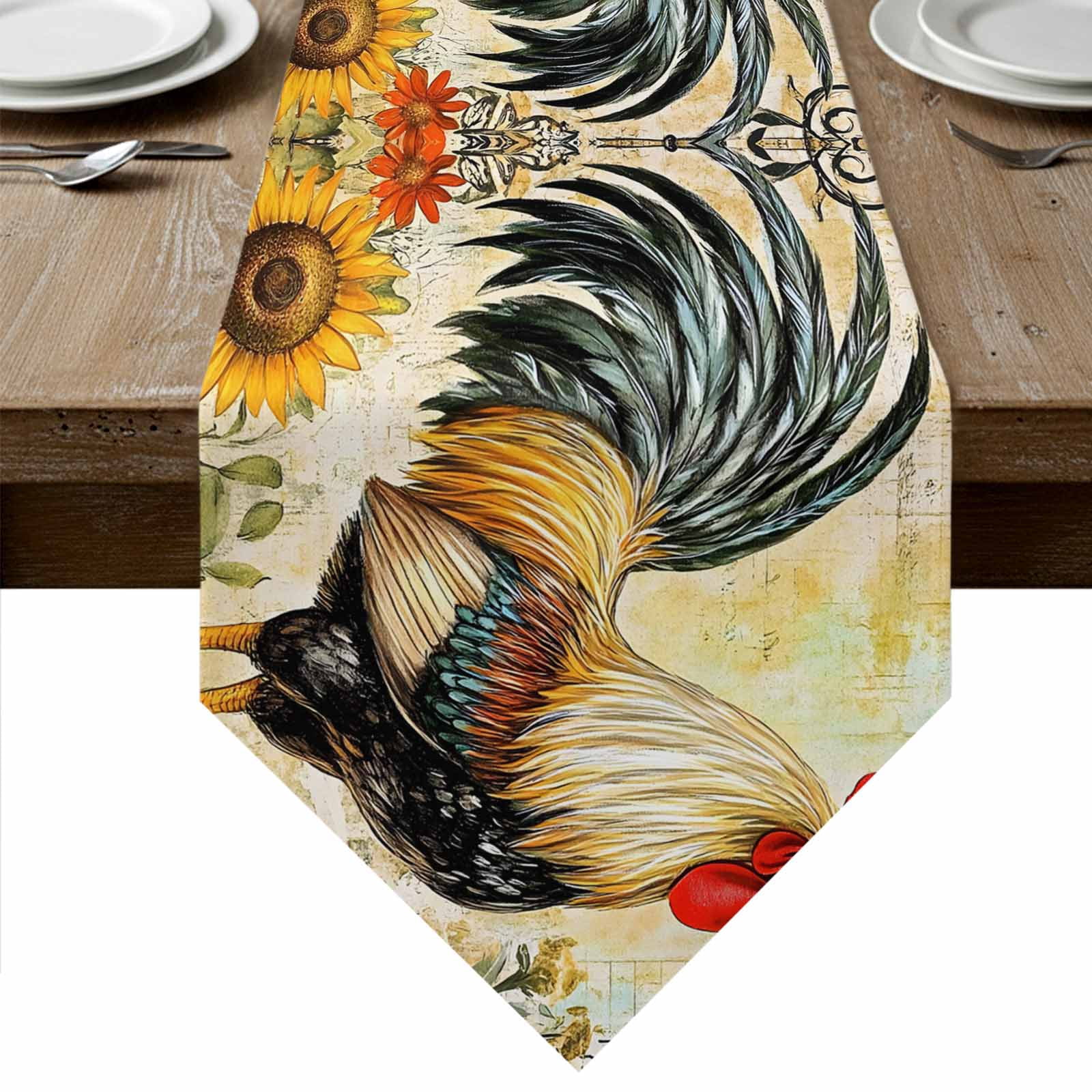 Retro Rooster Table Runner Linen Burlap Table Runner 60 Inches Long ...