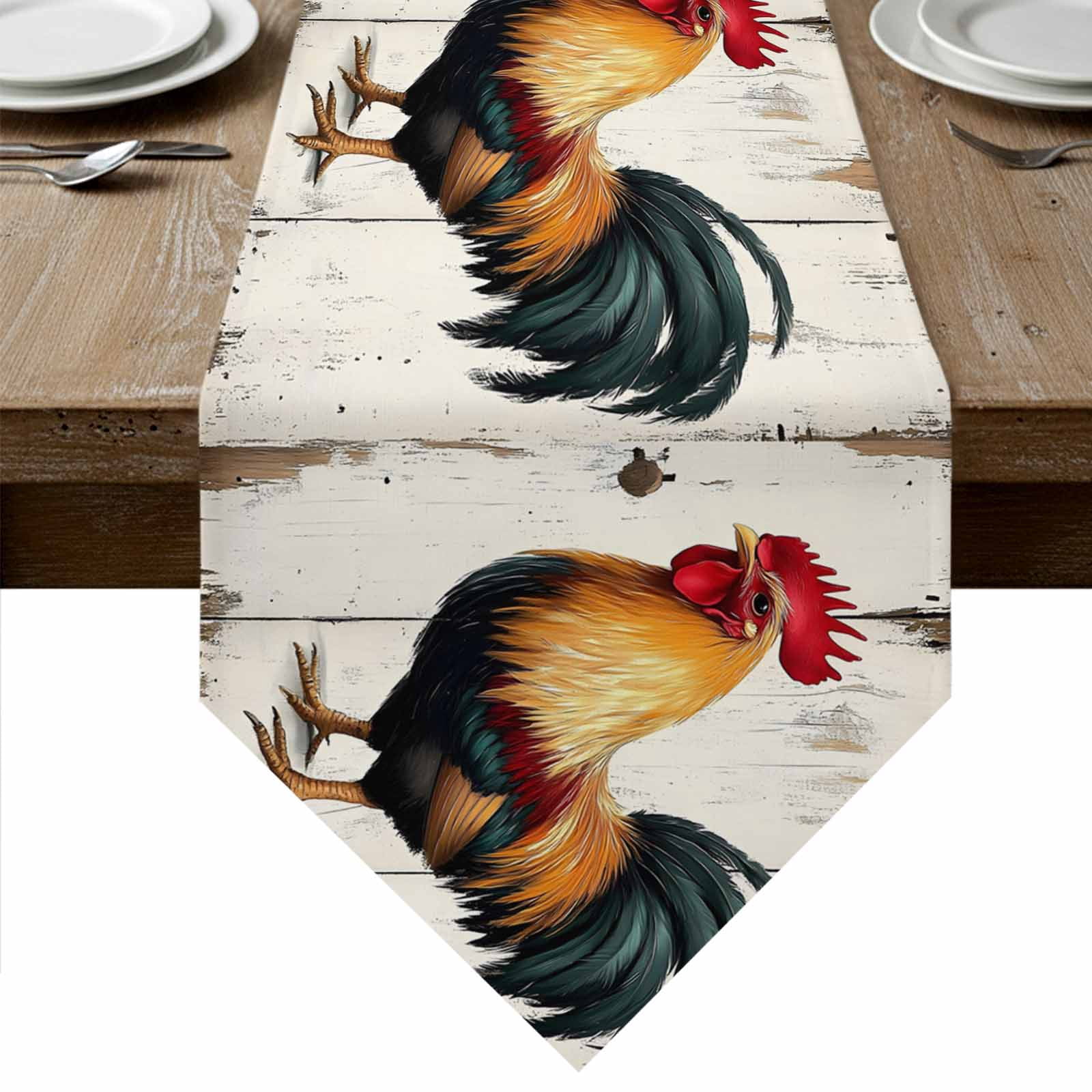 Retro Rooster Table Runner Linen Burlap Table Runner 60 Inches Long ...