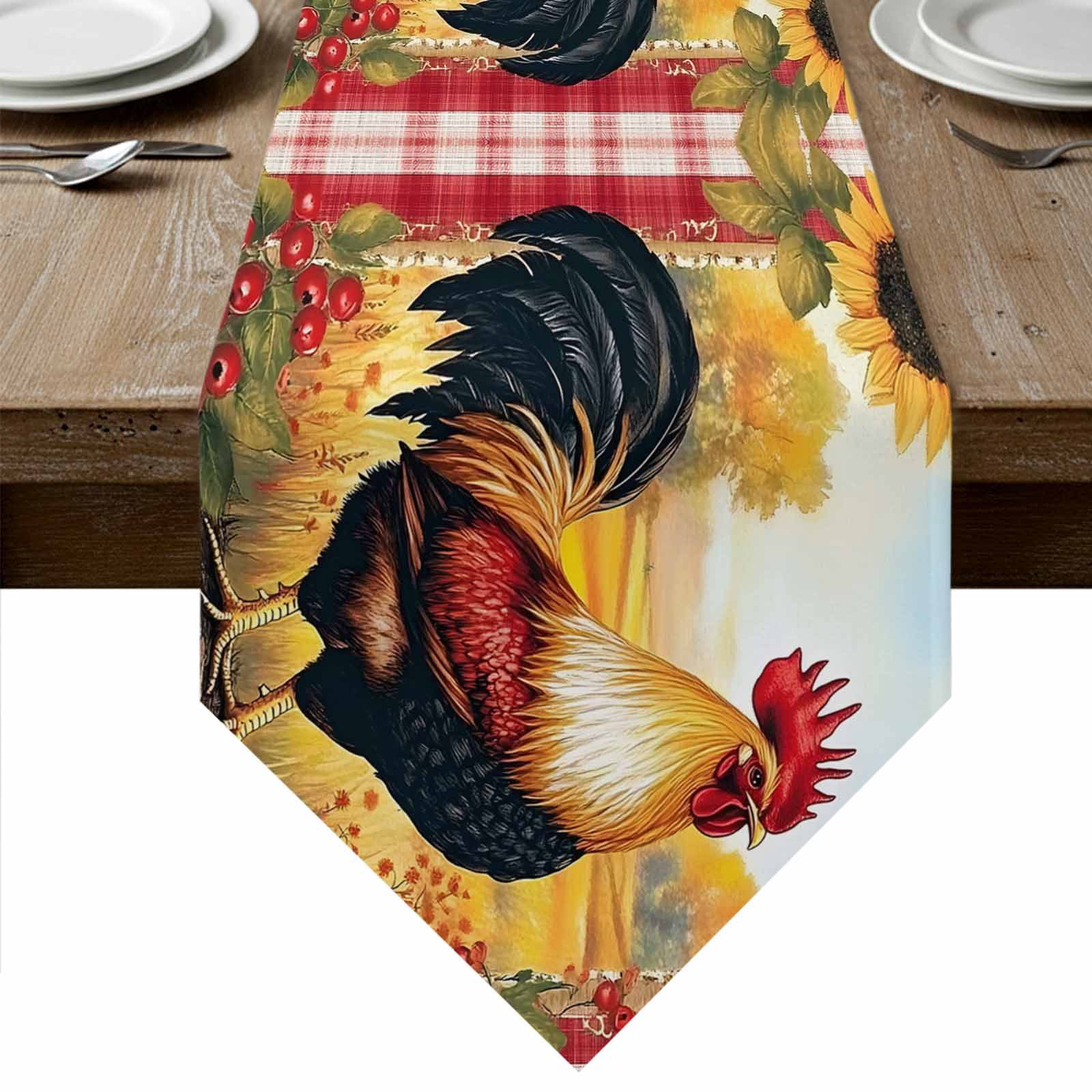 Retro Rooster Table Runner Linen Burlap Table Runner 60 Inches Long ...