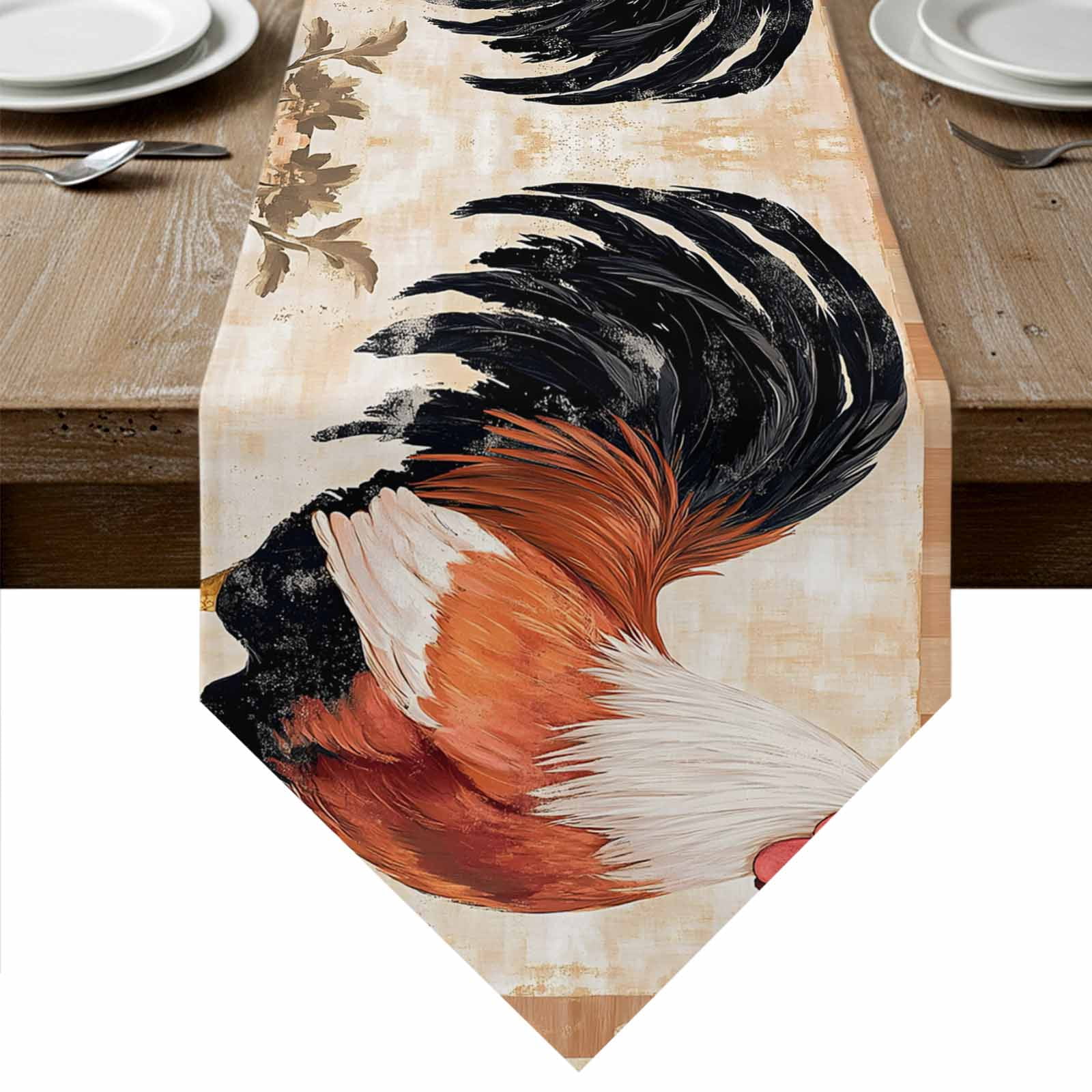Retro Rooster Table Runner Linen Burlap Table Runner 70 Inches Long ...