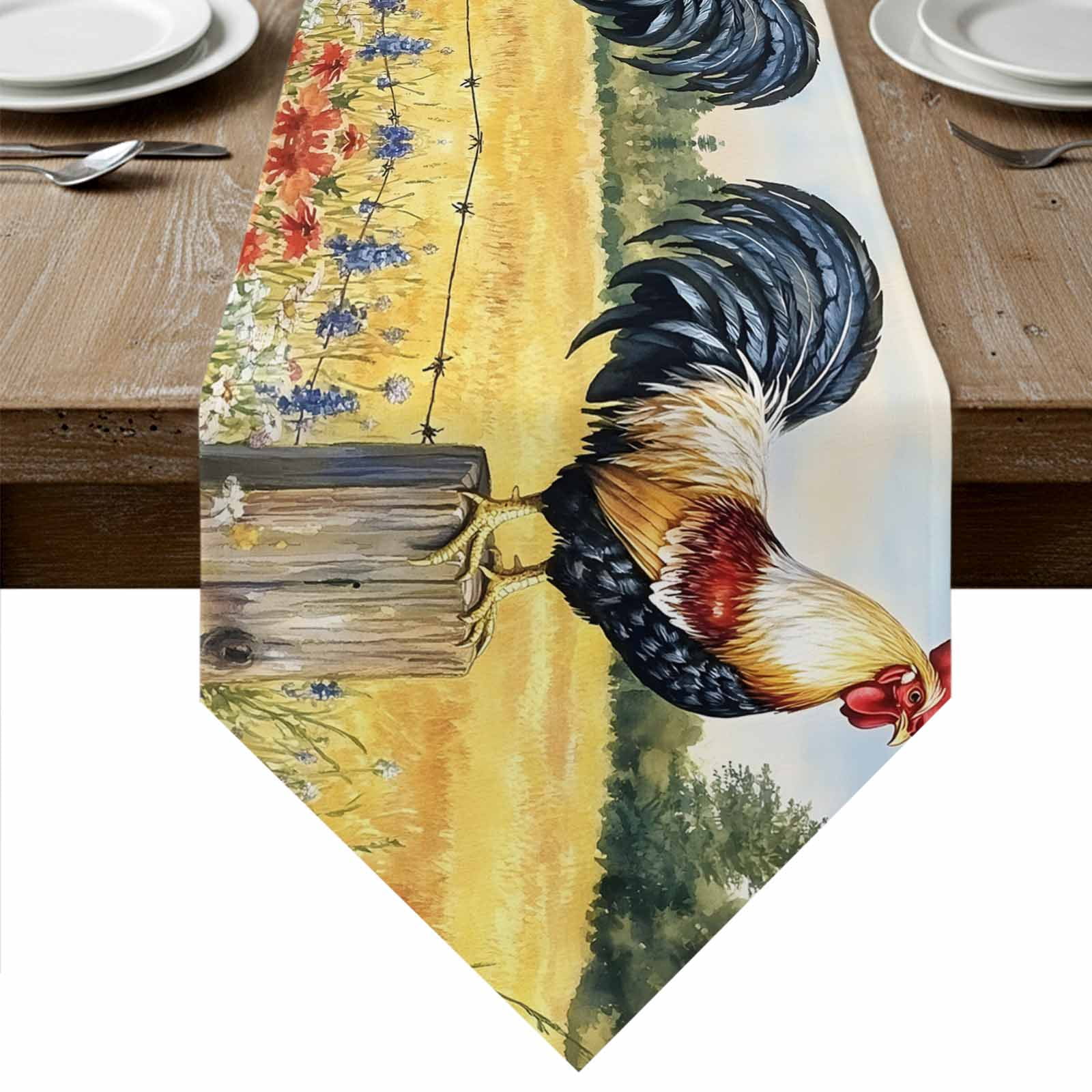 Retro Rooster Table Runner Linen Burlap Table Runner 70 Inches Long ...