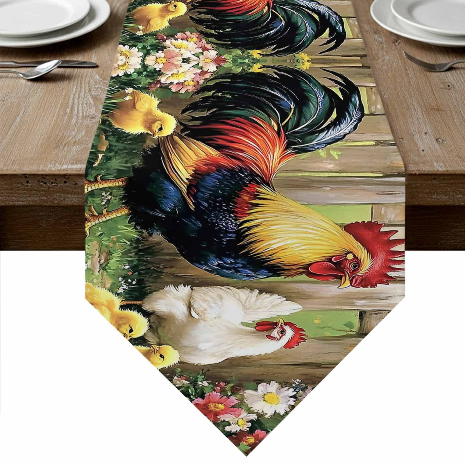 Retro Rooster Table Runner Linen Burlap Table Runner 72 Inches Long ...