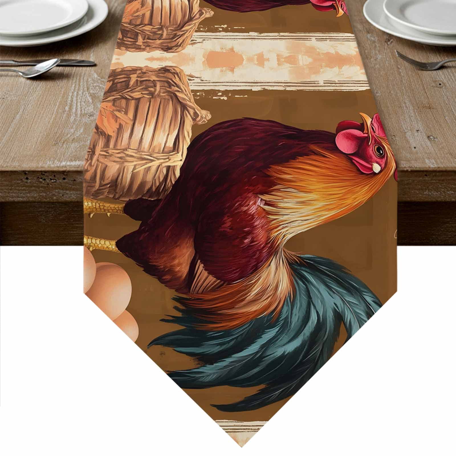 Retro Rooster Table Runner Linen Burlap Table Runner 72 Inches Long ...