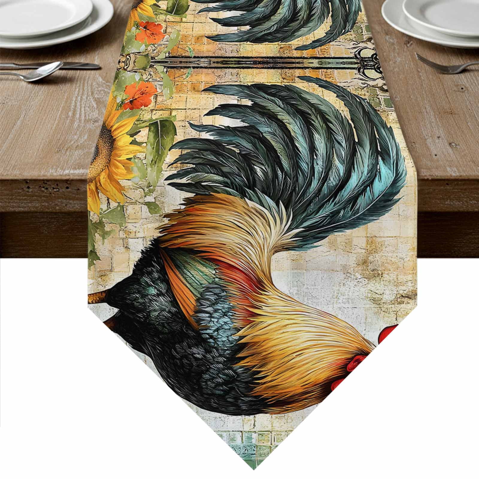 Retro Rooster Table Runner Linen Burlap Table Runner 72 Inches Long ...