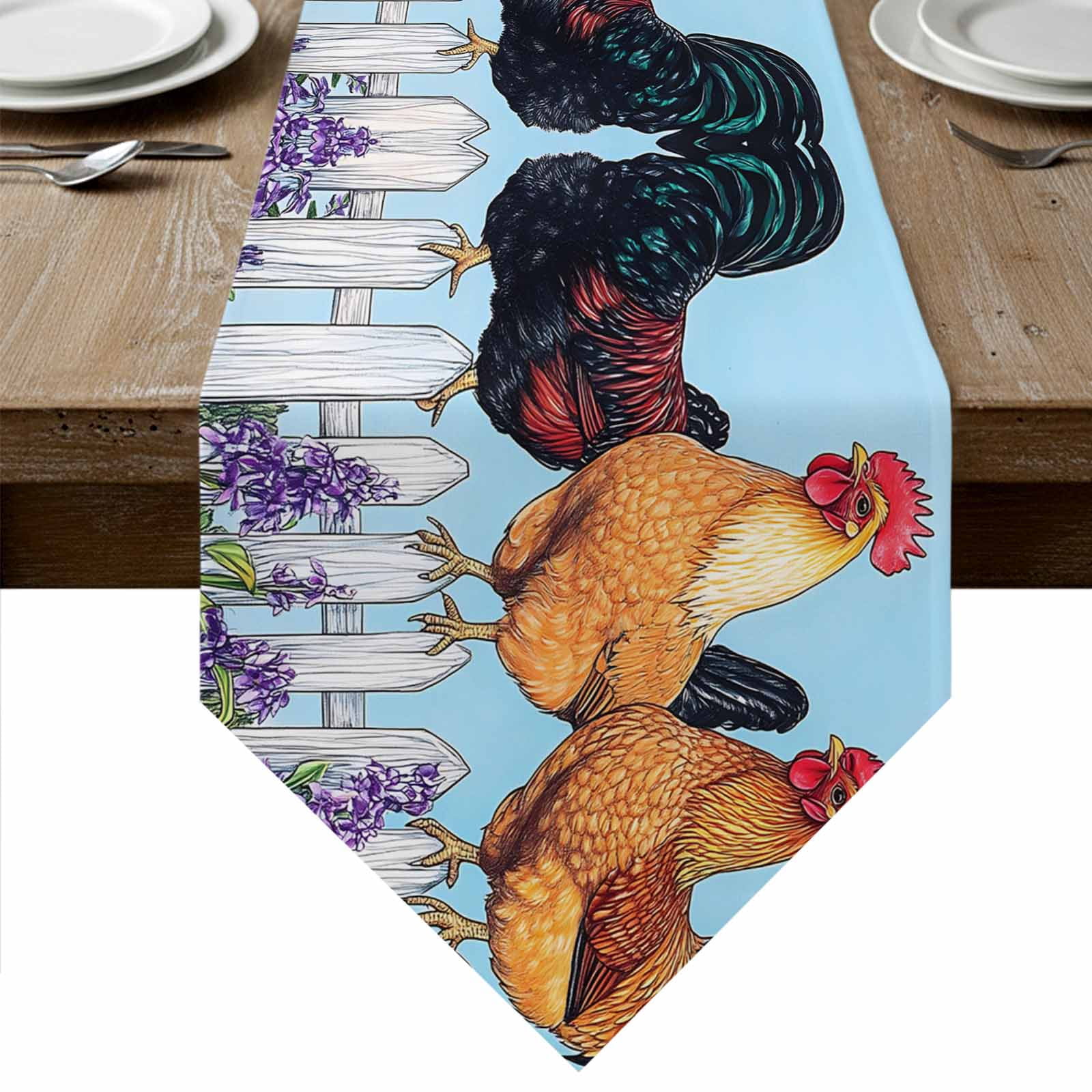 Retro Rooster Table Runner Linen Burlap Table Runner 72 Inches Long ...