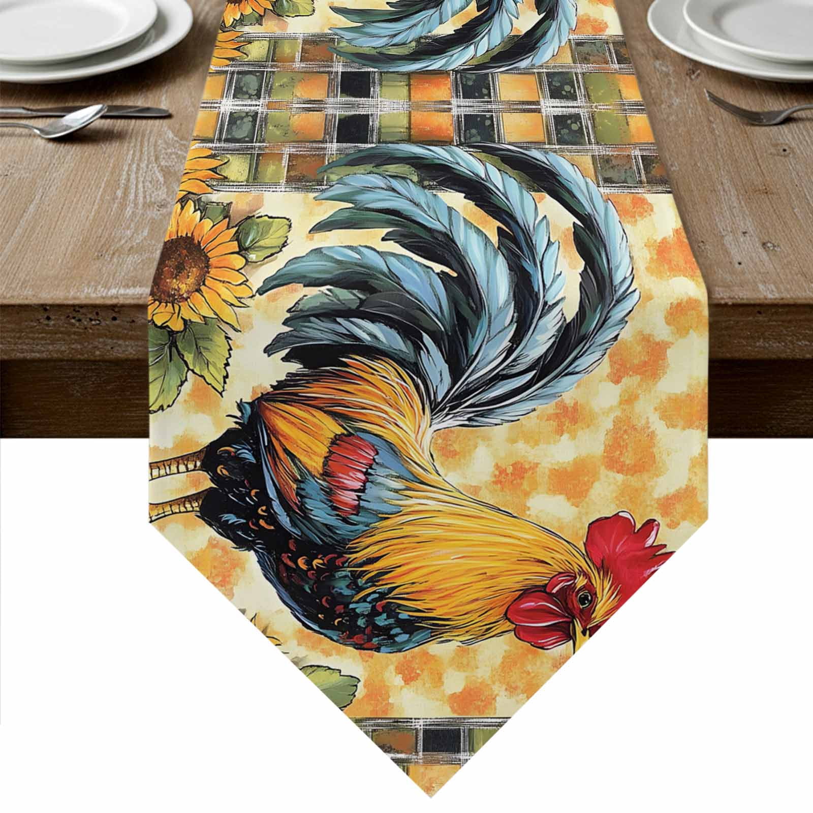 Retro Rooster Table Runner Linen Burlap Table Runner 72 Inches Long ...