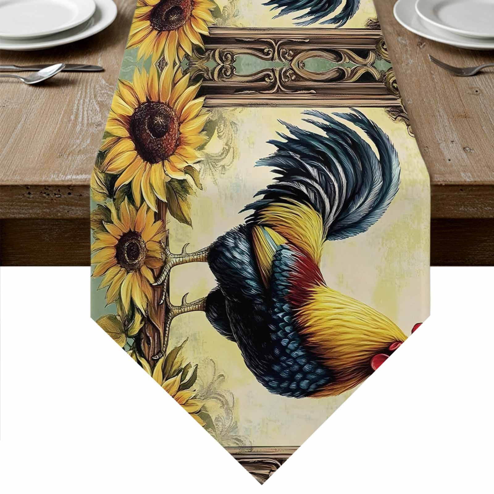 Retro Rooster Table Runner Linen Burlap Table Runner 72 Inches Long ...