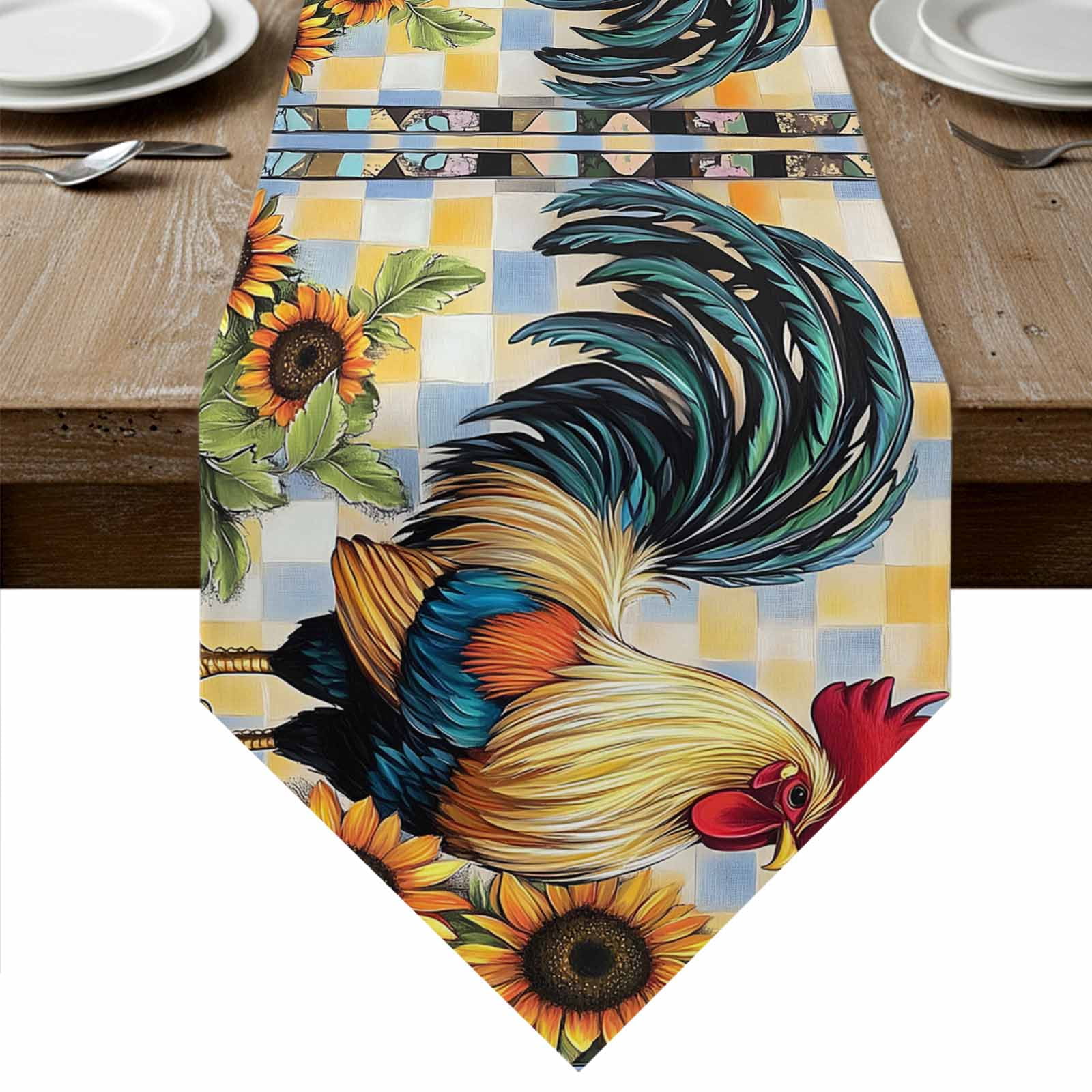 Retro Rooster Table Runner Linen Burlap Table Runner 72 Inches Long ...