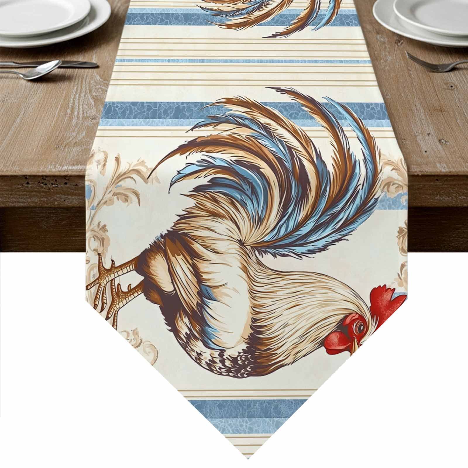 Retro Rooster Table Runner Linen Burlap Table Runner 90 Inches Long ...
