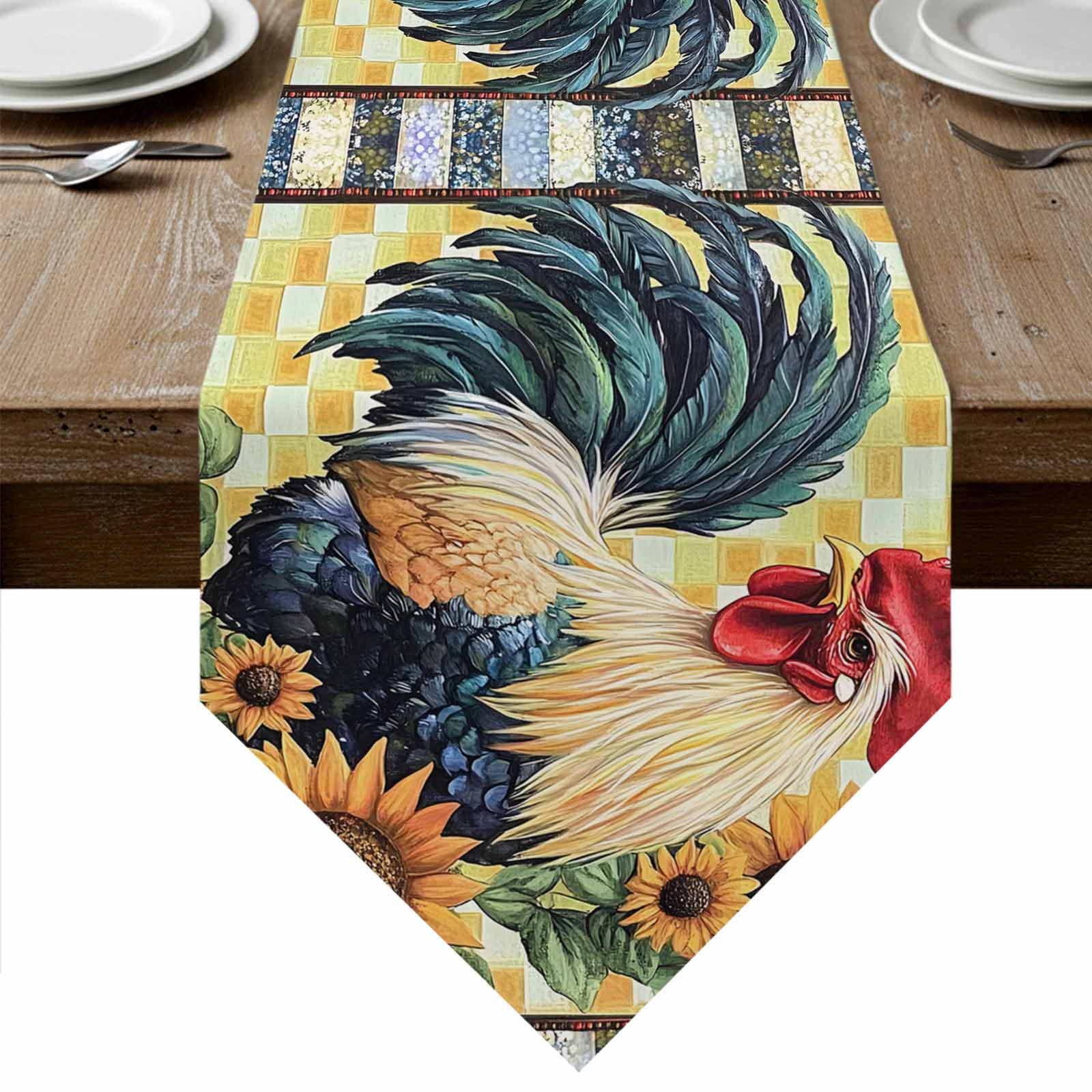 Retro Rooster Table Runner Linen Burlap Table Runner 90 Inches Long ...