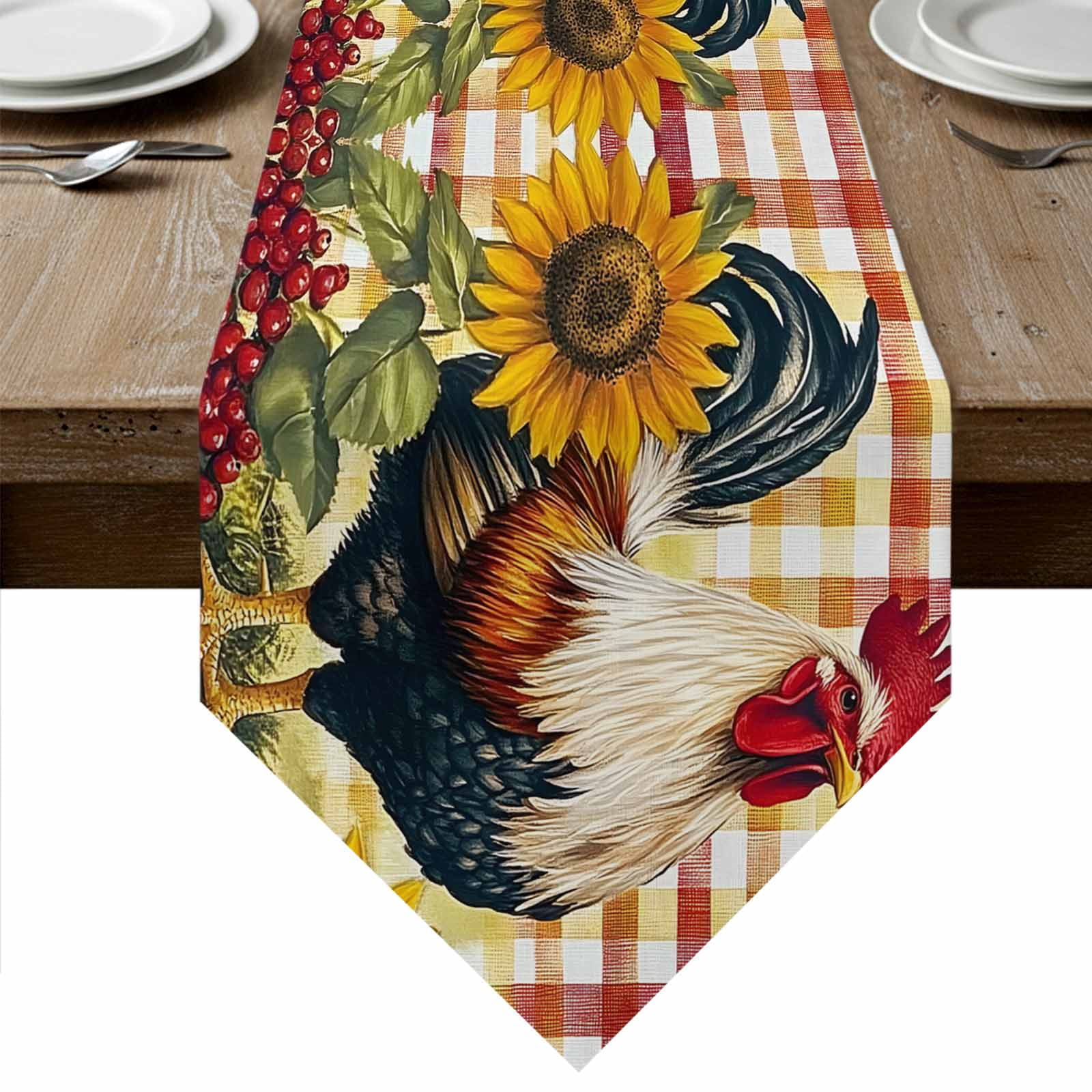 Retro Rooster Table Runner Linen Burlap Table Runner 90 Inches Long ...