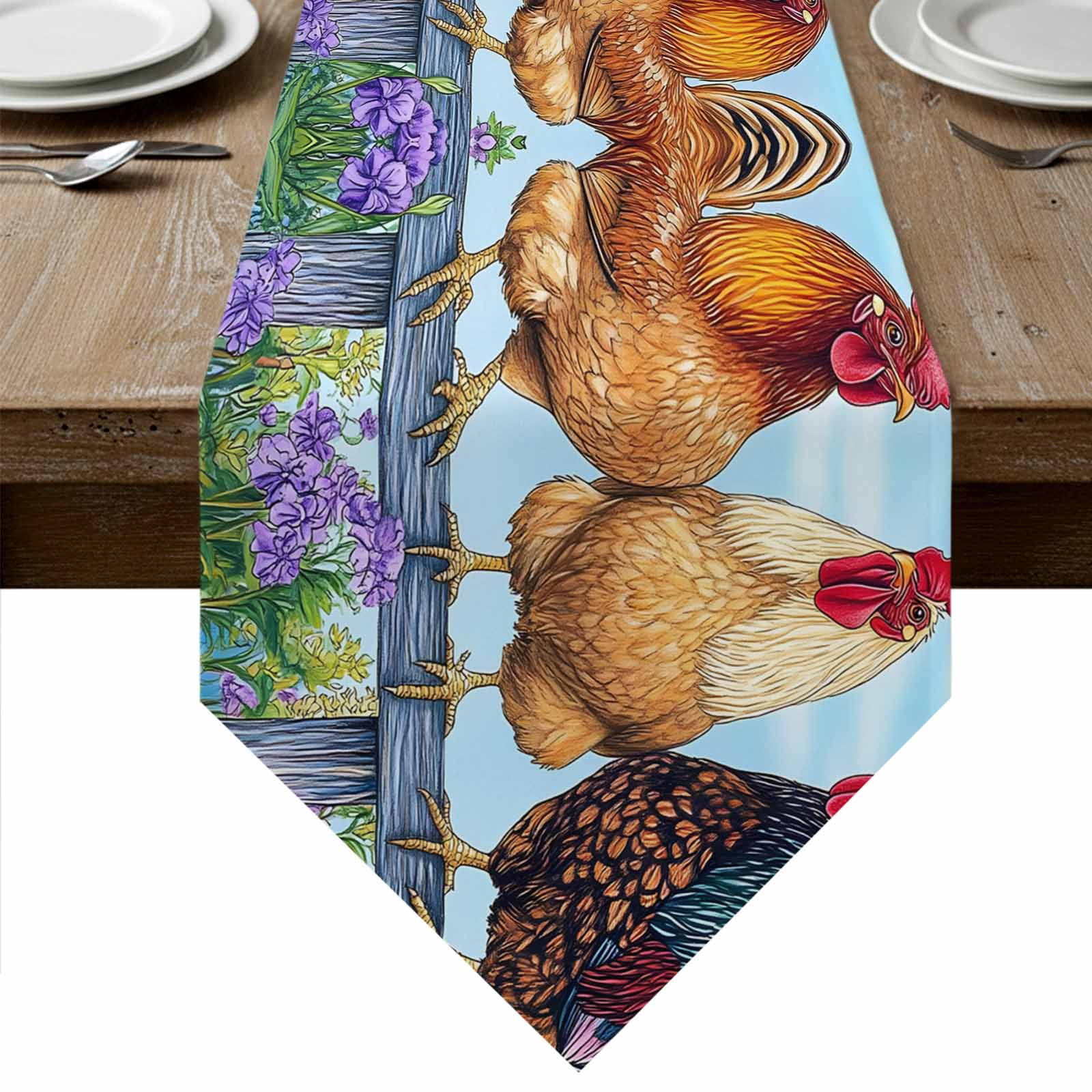 Retro Rooster Table Runner Linen Burlap Table Runner 90 Inches Long ...