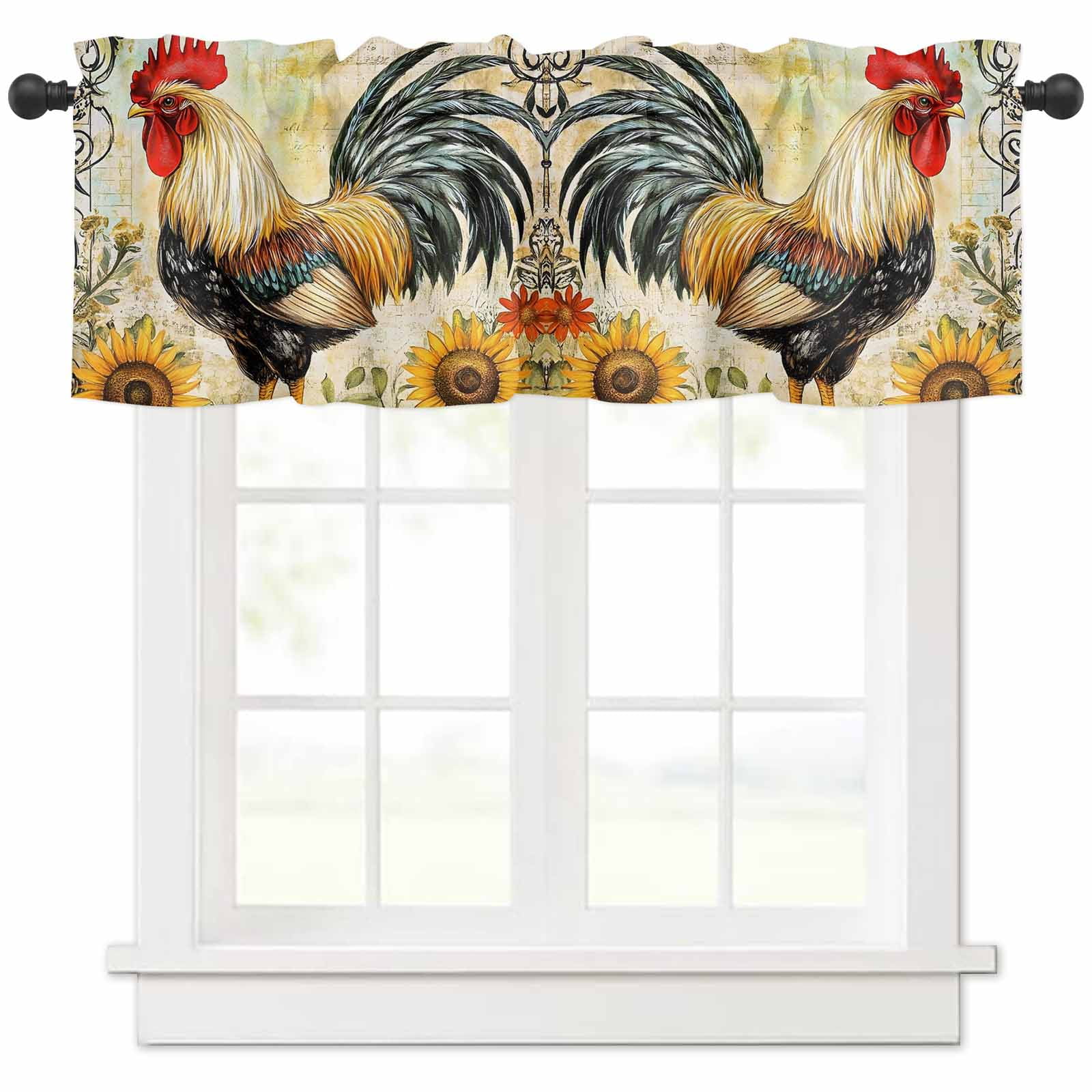 Retro Rooster Valances for Windows Farmhouse Kitchen Curtains Valances ...