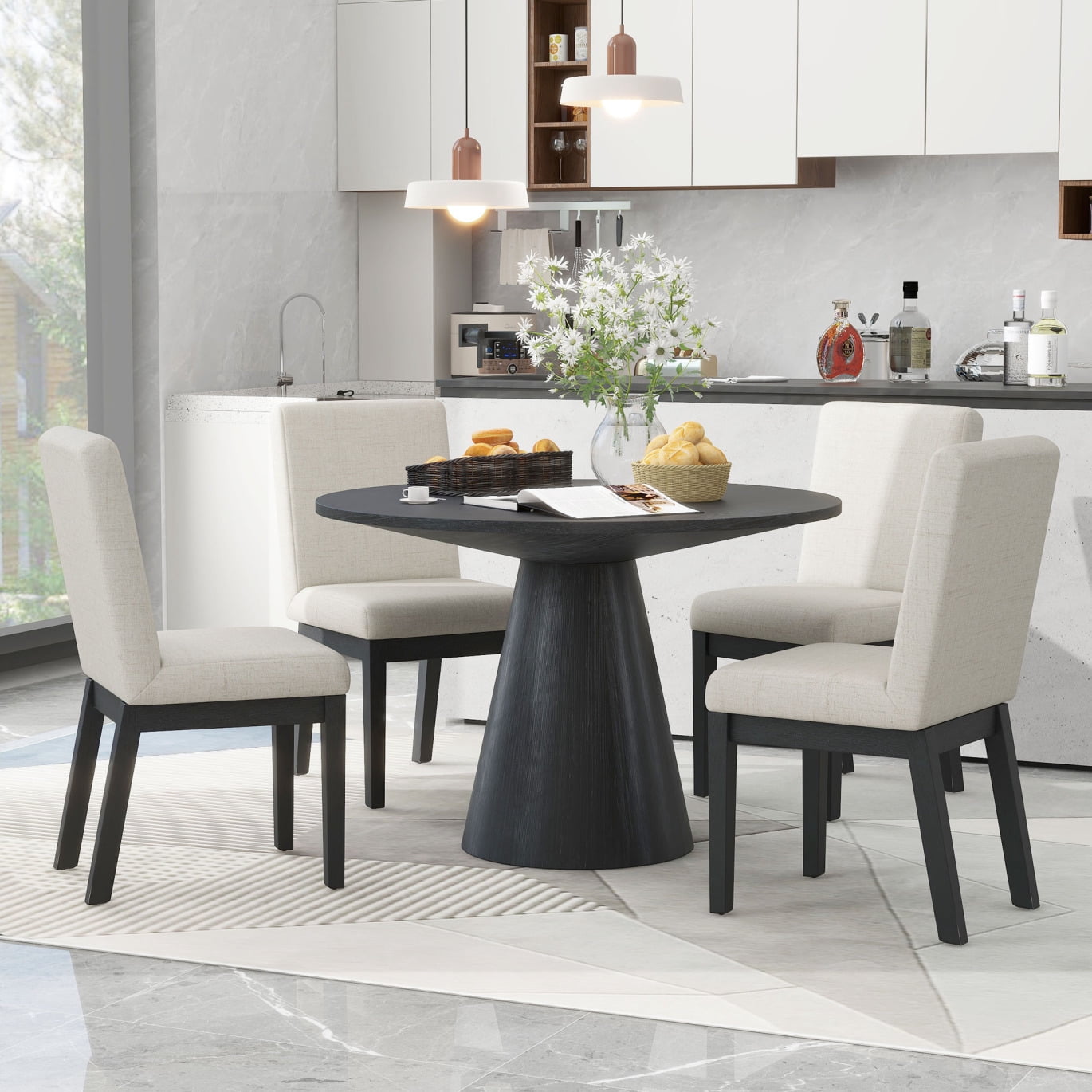 Retro Round Dining Set - 5-Piece Black Table & 4 Upholstered Chairs ...