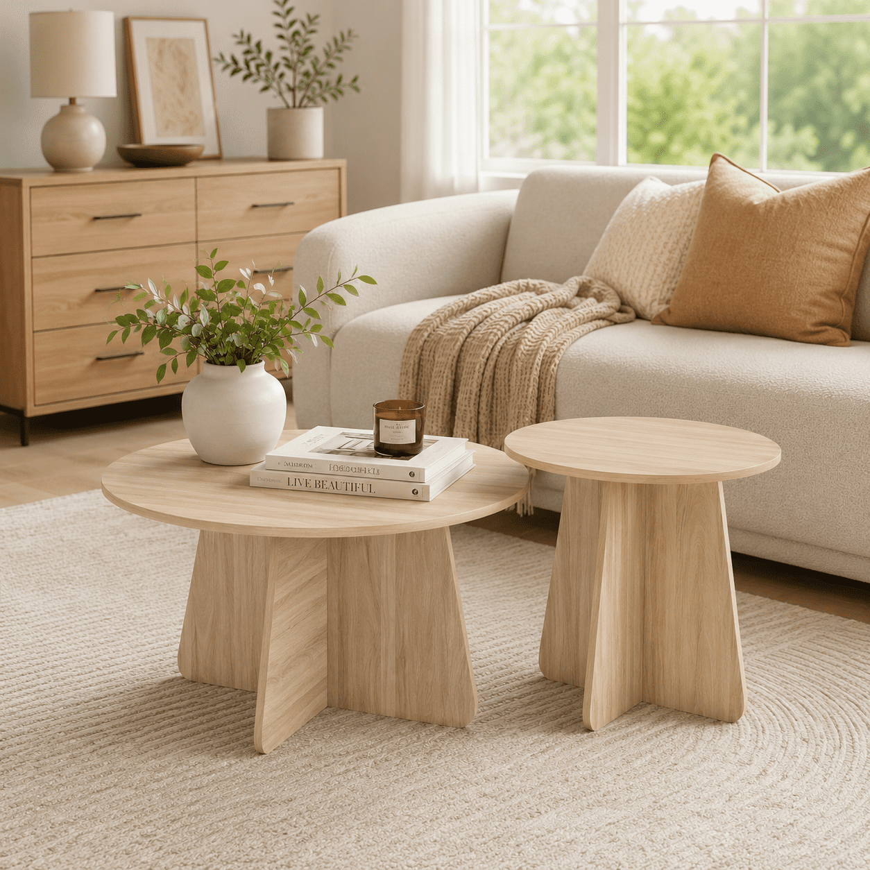 Retro Round Nesting Coffee Table Set of 2, Wood Grain Veneer MDF with ...