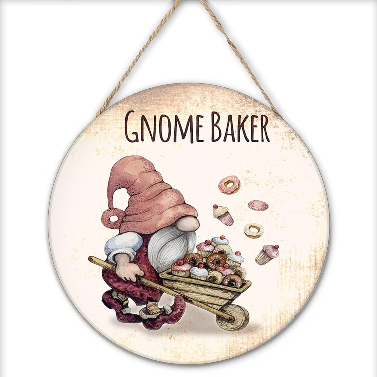 Retro Round Sign Gnome Baking Hanging Sign Food Wooden Sign Donut Cake ...