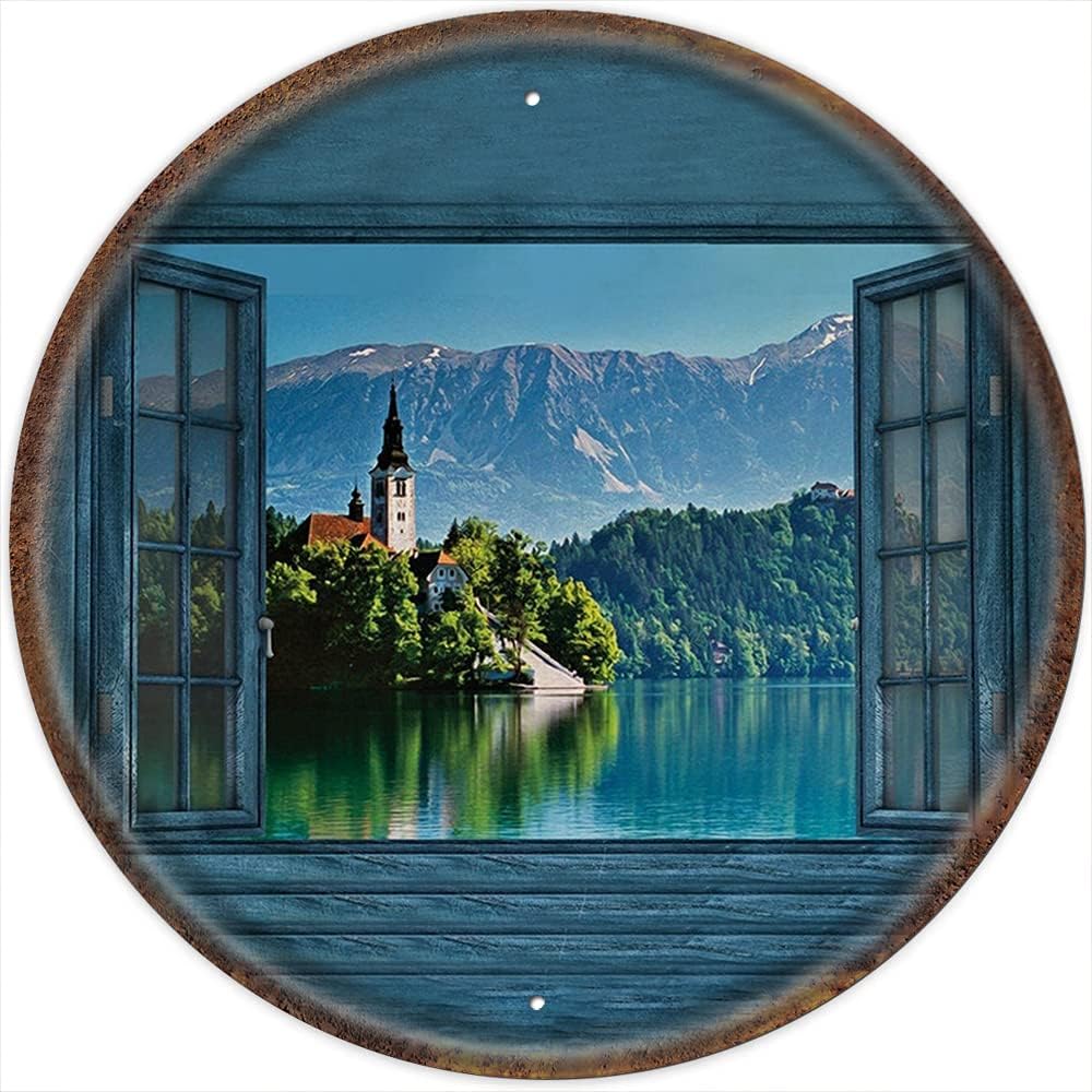 Retro Round Sign Lakeside House Landscape Window View Mountain Lake ...