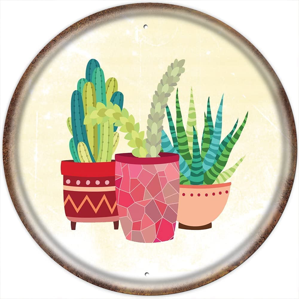 Retro Round Sign Potted Cactus Trio Succulent Cactus Southwestern Decor ...