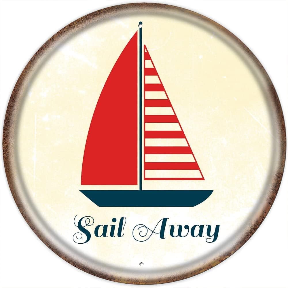 Retro Round Sign SAIL Away Nautical Print Home Decor Beach House Decor ...