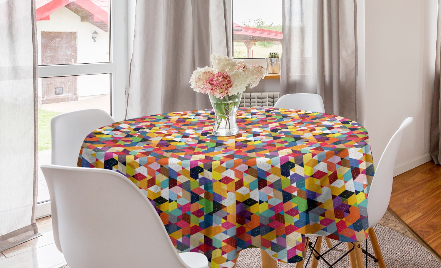 Retro Round Tablecloth, Lively Scene of Triangles Diamond Shapes and ...