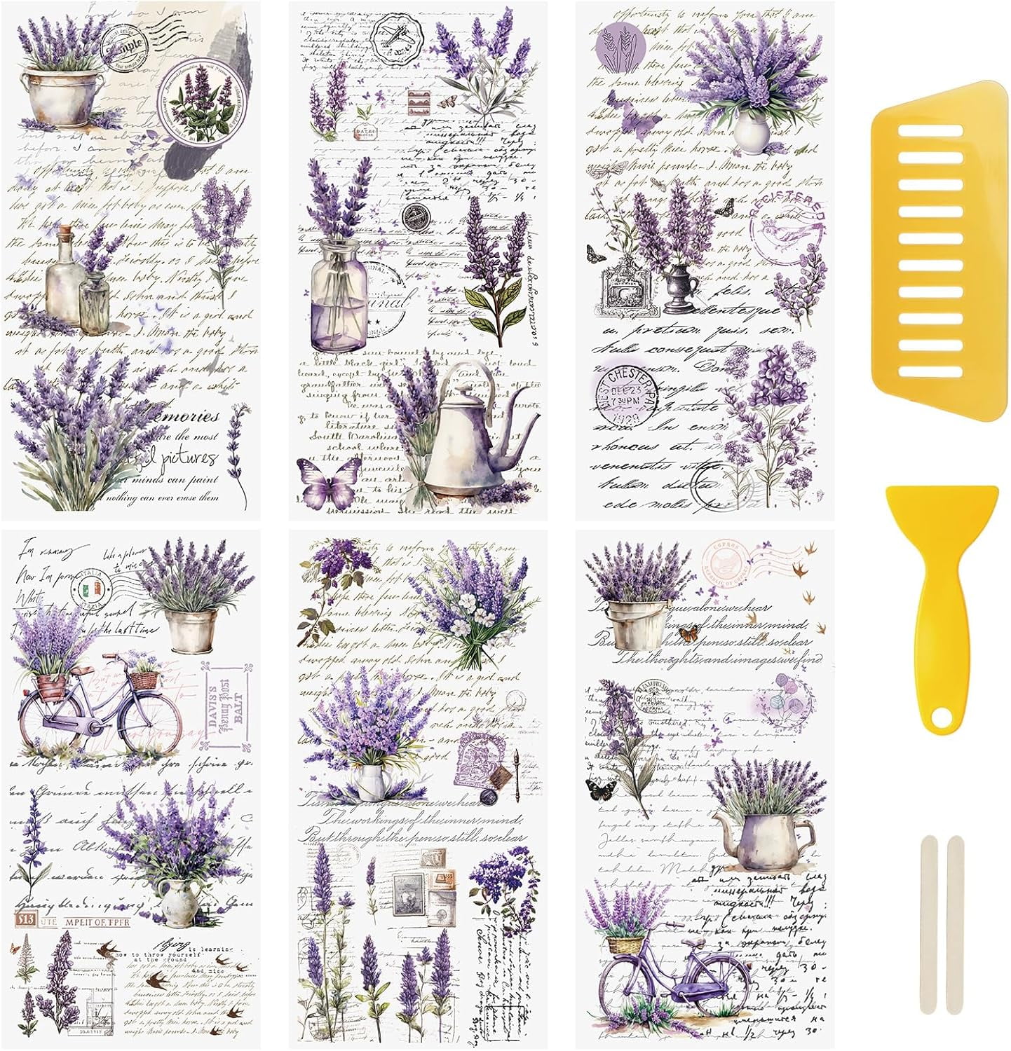 Retro Rub On Transfer Stickers, 6 Sheets Lavender Decals Purple Flower ...