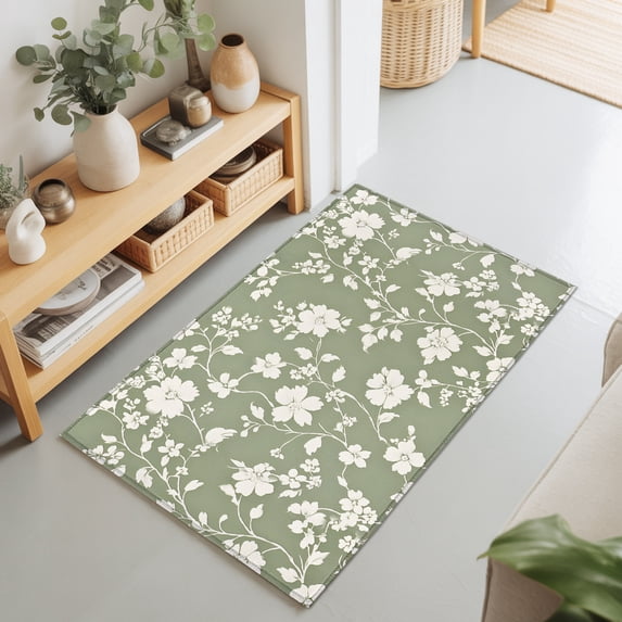 Retro Rural White Flowers Rectangle Rug 2'x3' Floral on Sage Green ...