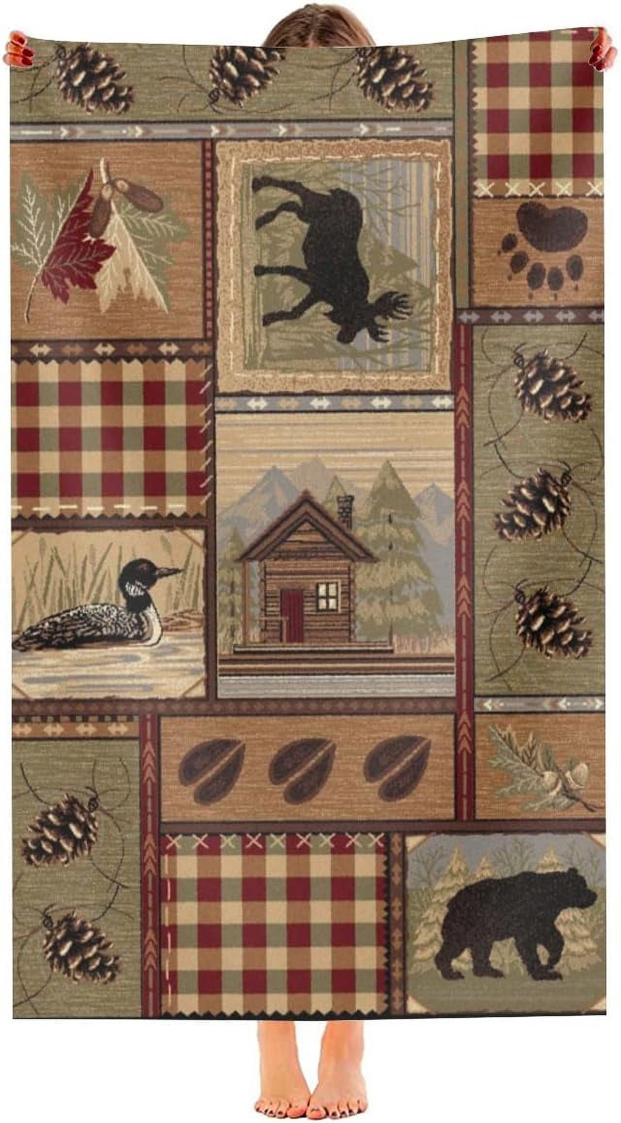 Retro Rustic Beach Towel, Moose Deer Bear Leaf Tree Country Style ...