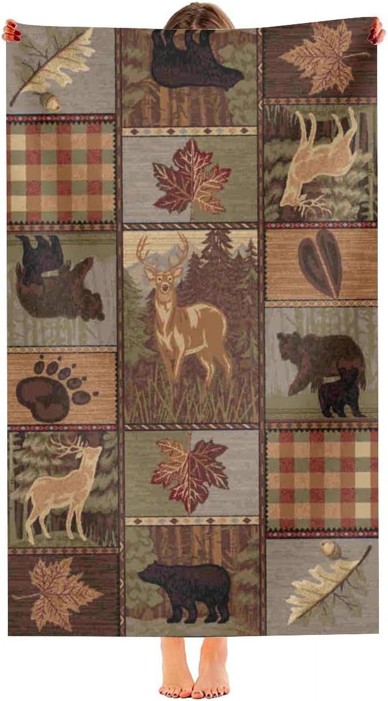 Retro Rustic Beach Towel, Moose Deer Bear Leaf Tree Country Style ...