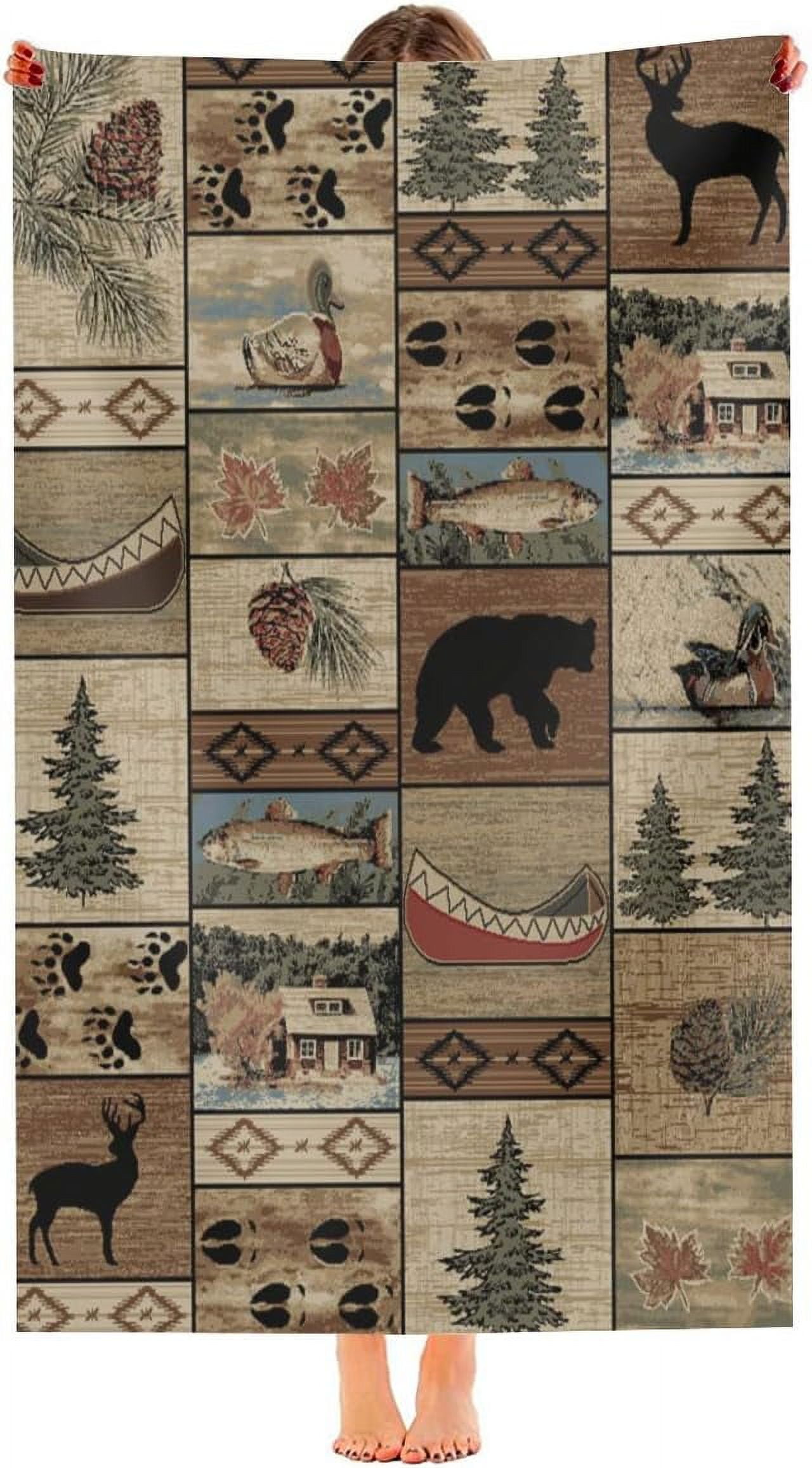 Retro Rustic Beach Towel, Moose Deer Bear Leaf Tree Country Style ...
