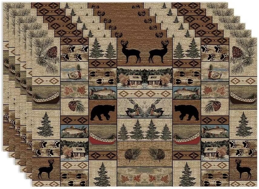 Retro Rustic Bears Deers Lodge Placemats Set of 6, Vintage Cabin ...