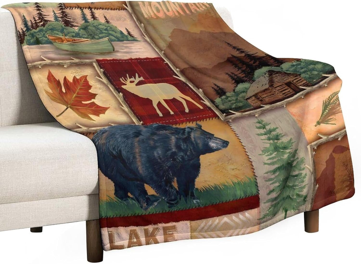 Retro Rustic Bedding Fleece Throw Blanket,Lodge Bear Moose Deer ...