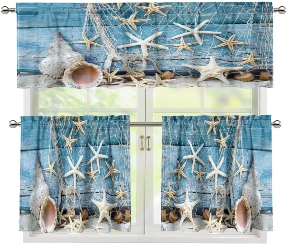 Retro Rustic Blue Wood Seashell 3 Piece Kitchen Curtains Set Sailboat ...
