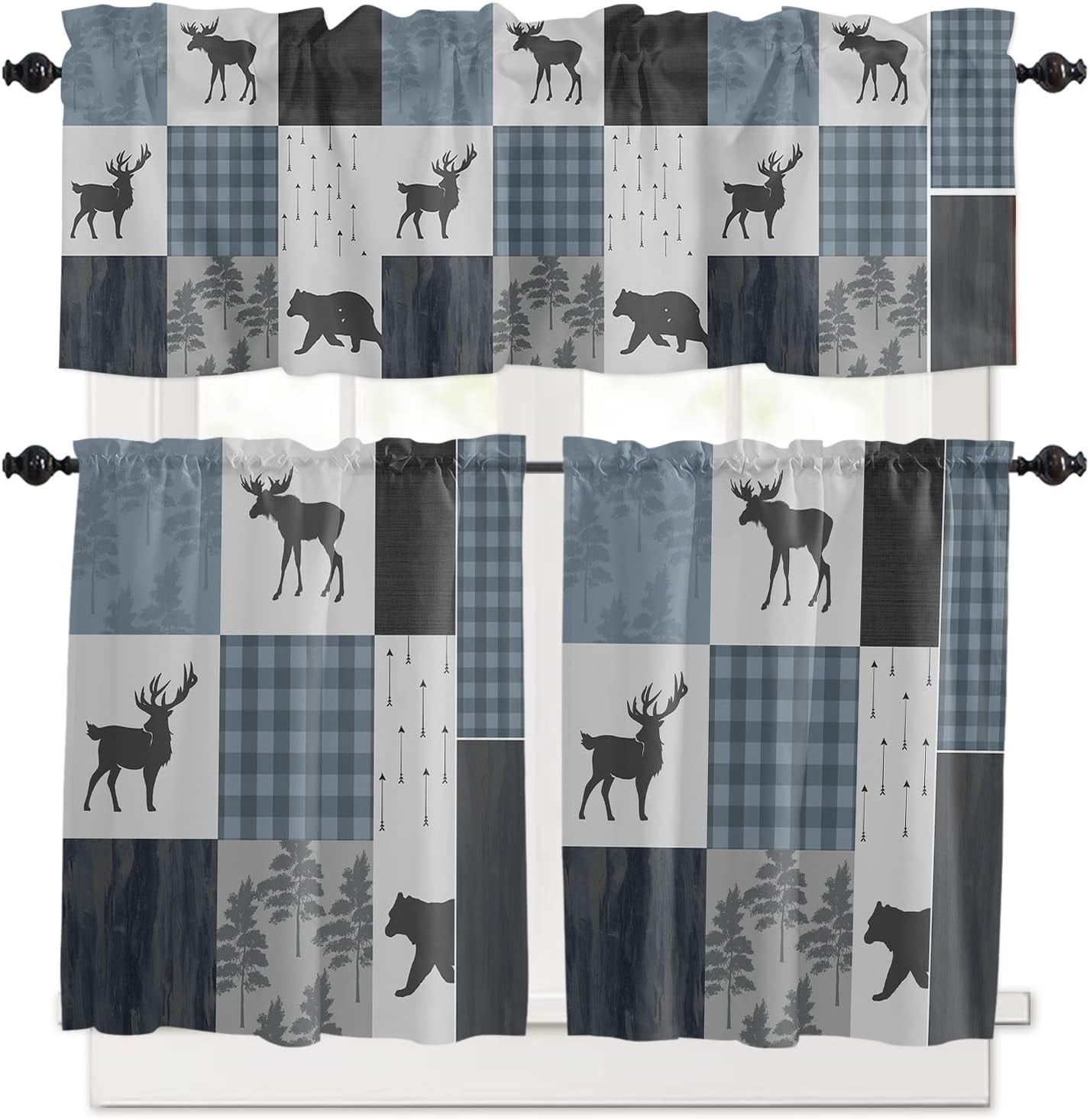 Retro Rustic Kitchen Curtains and Farmhouse Valance Set, Country Forest ...