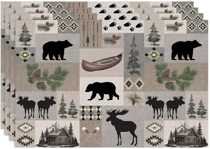 Retro Rustic Lodge Bears Deer Placemats Set of 4, Vintage Cabin Pine ...