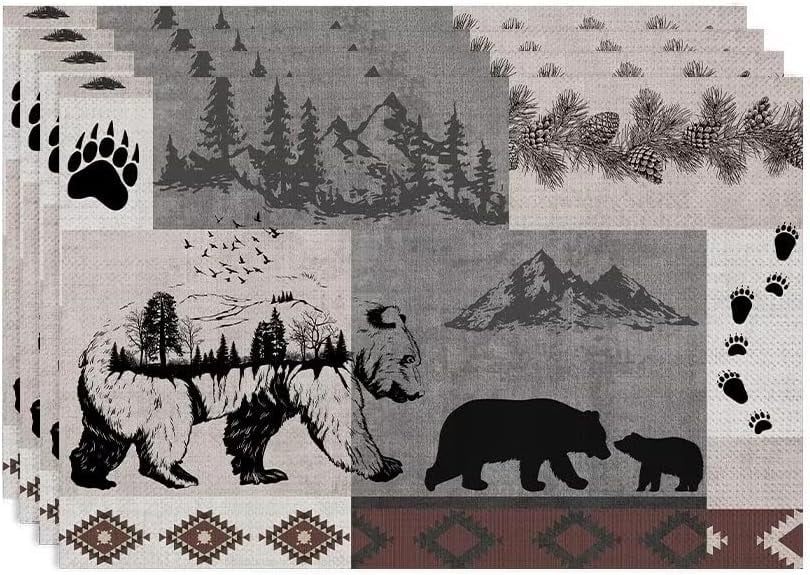 Retro Rustic Lodge Bears Placemats Set of 4, Vintage Cabin Pine Tree ...