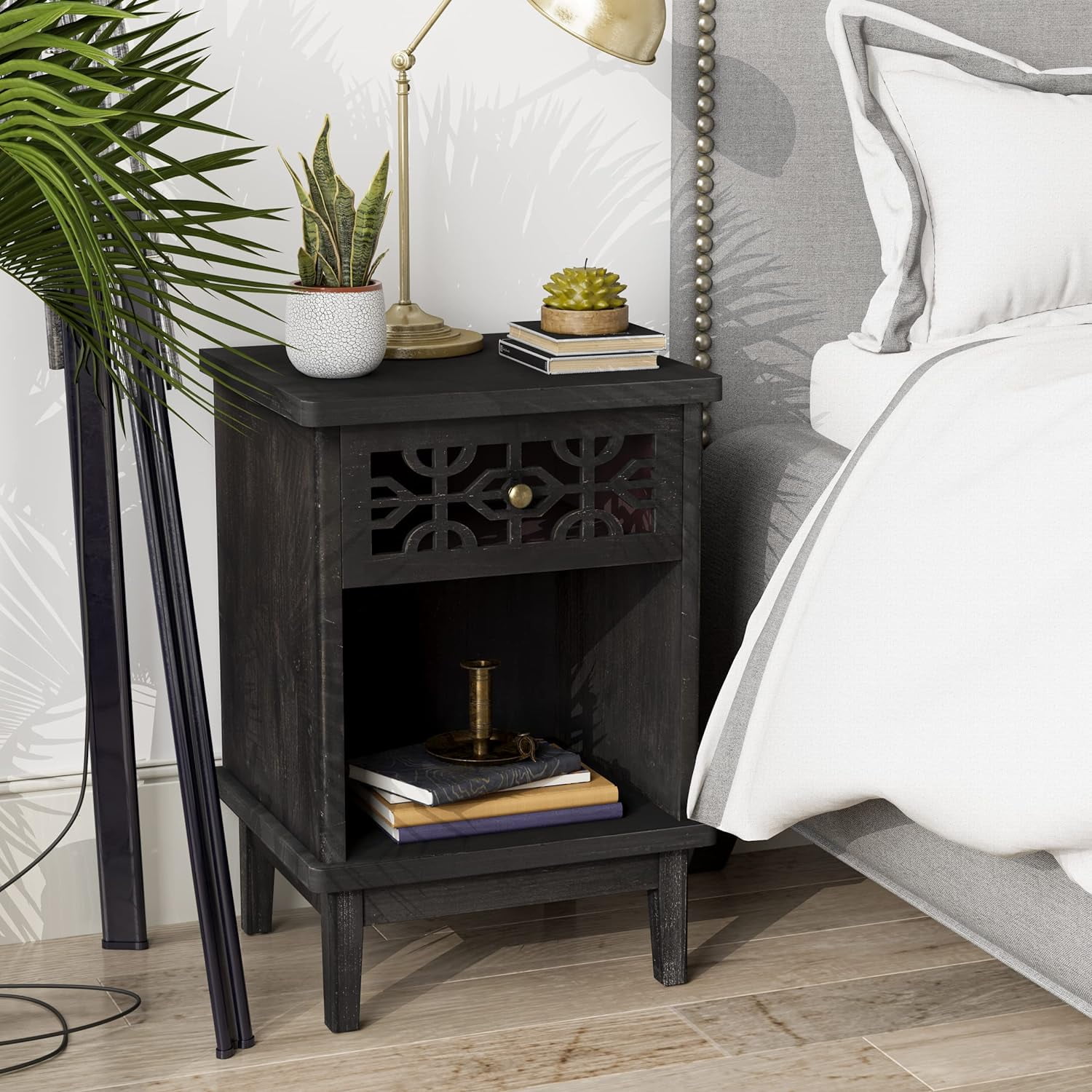 Retro Rustic Nightstand Solid Fir End Table Side Table with Hand Carved ...