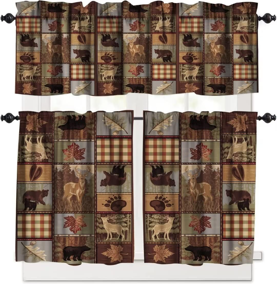 Retro Rustic Style Curtain Set, Moose Deer Bear Leaf Tree Country Style ...
