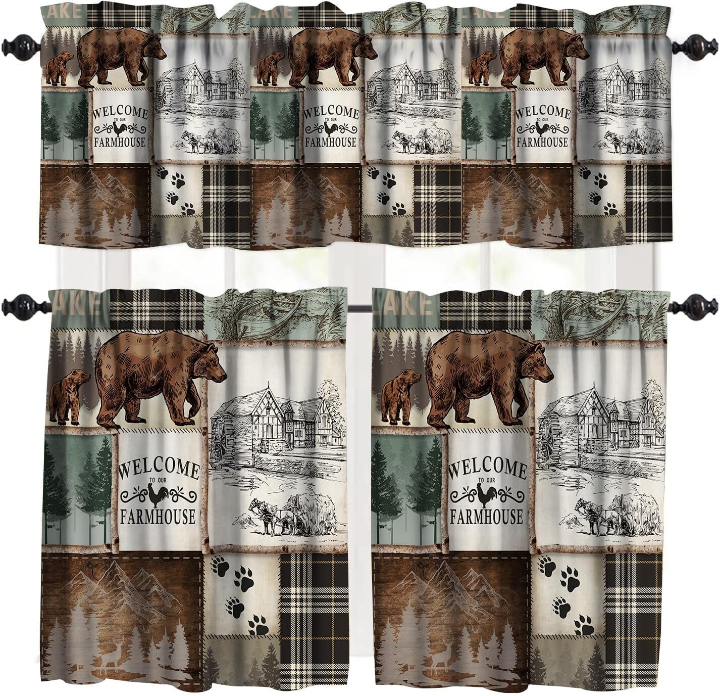 Retro Rustic Style Valance 3 Piece Set,Vintage Moose Deer Bear Leaf ...