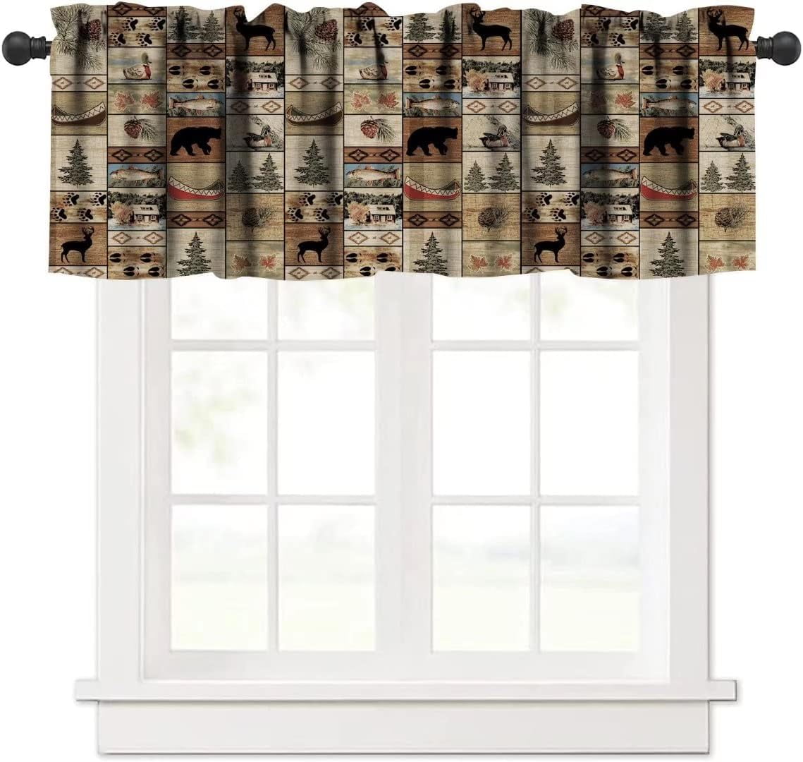 Retro Rustic Style Valance, Vintage Moose Deer Bear Leaf Tree Country ...