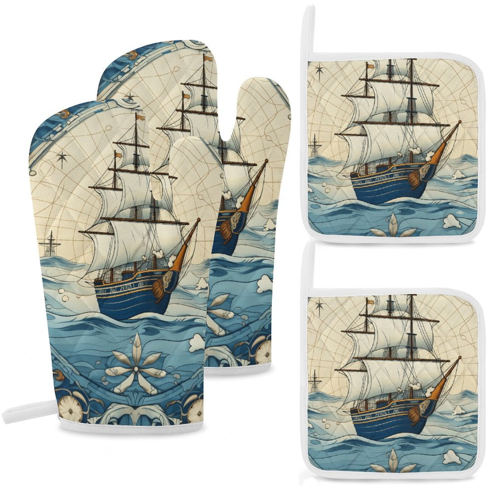 Retro Sail Oven Mitt And Pot Holder Set Oven Glove for Kitchen Baking ...