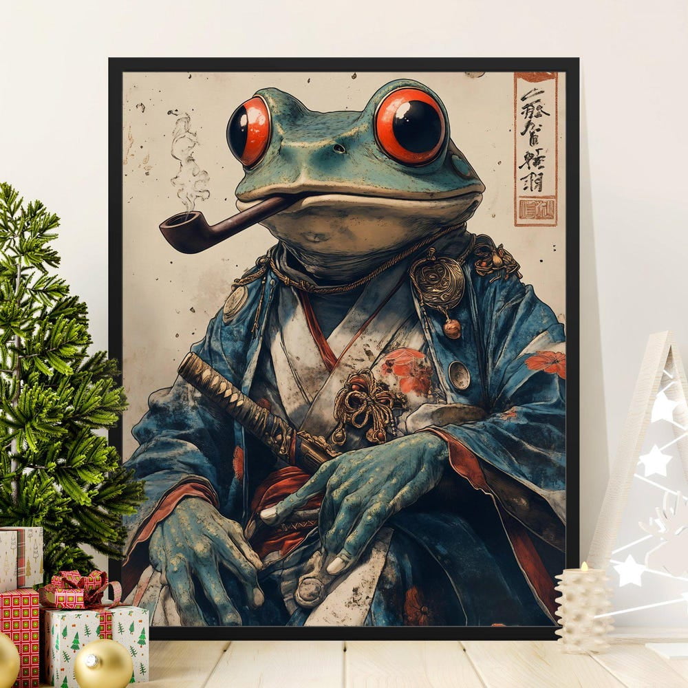 Retro Samurai Frog Smoking Pipe Poster Print, Unique Frog Art Decor ...