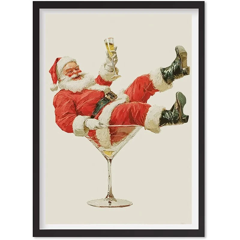 Retro Santa Cocktail Wall Art, Funny Vintage Christmas Poster, Holiday ...