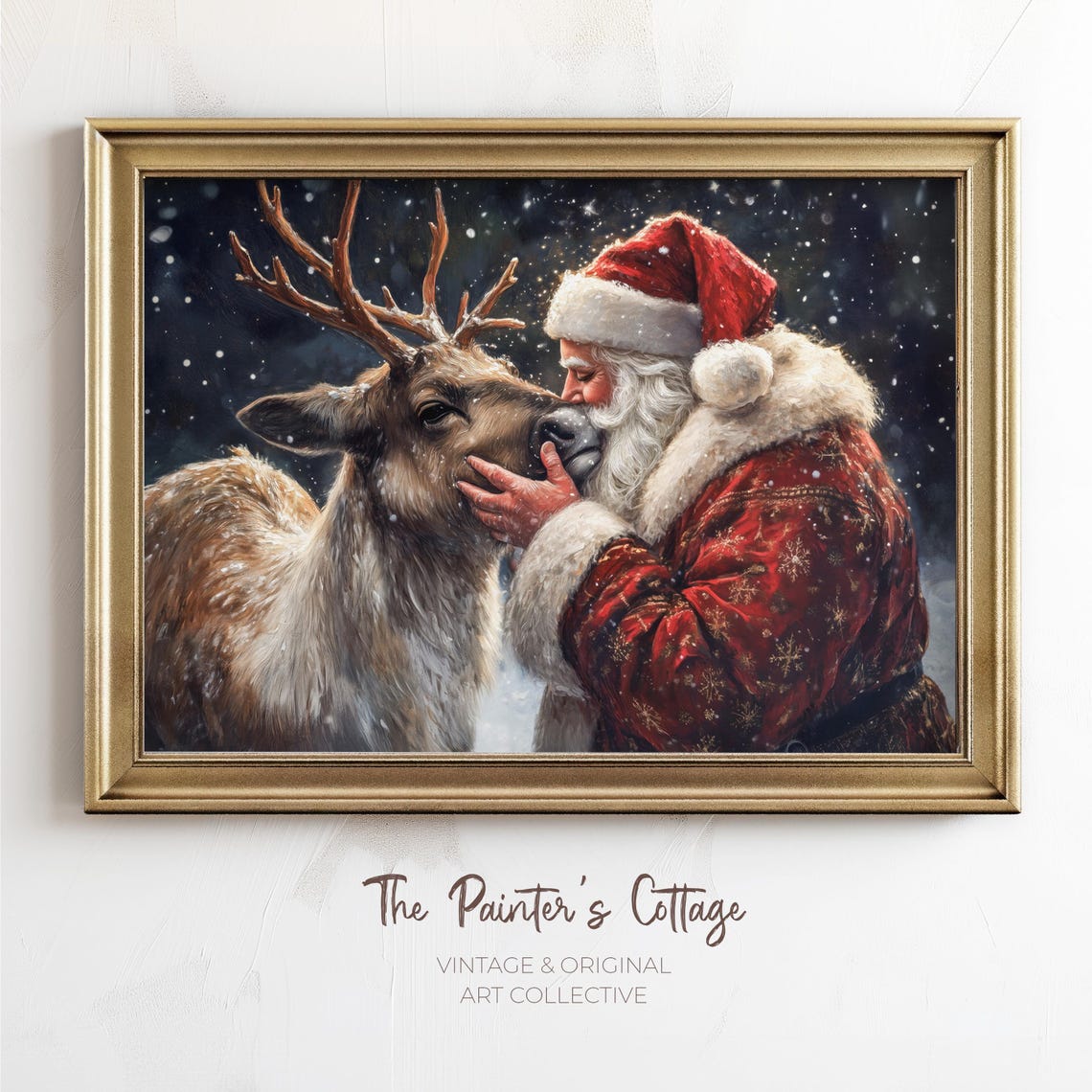 Retro Santa Wall Art, Dark Winter, Santa Reindeer Print, Santa Claus ...