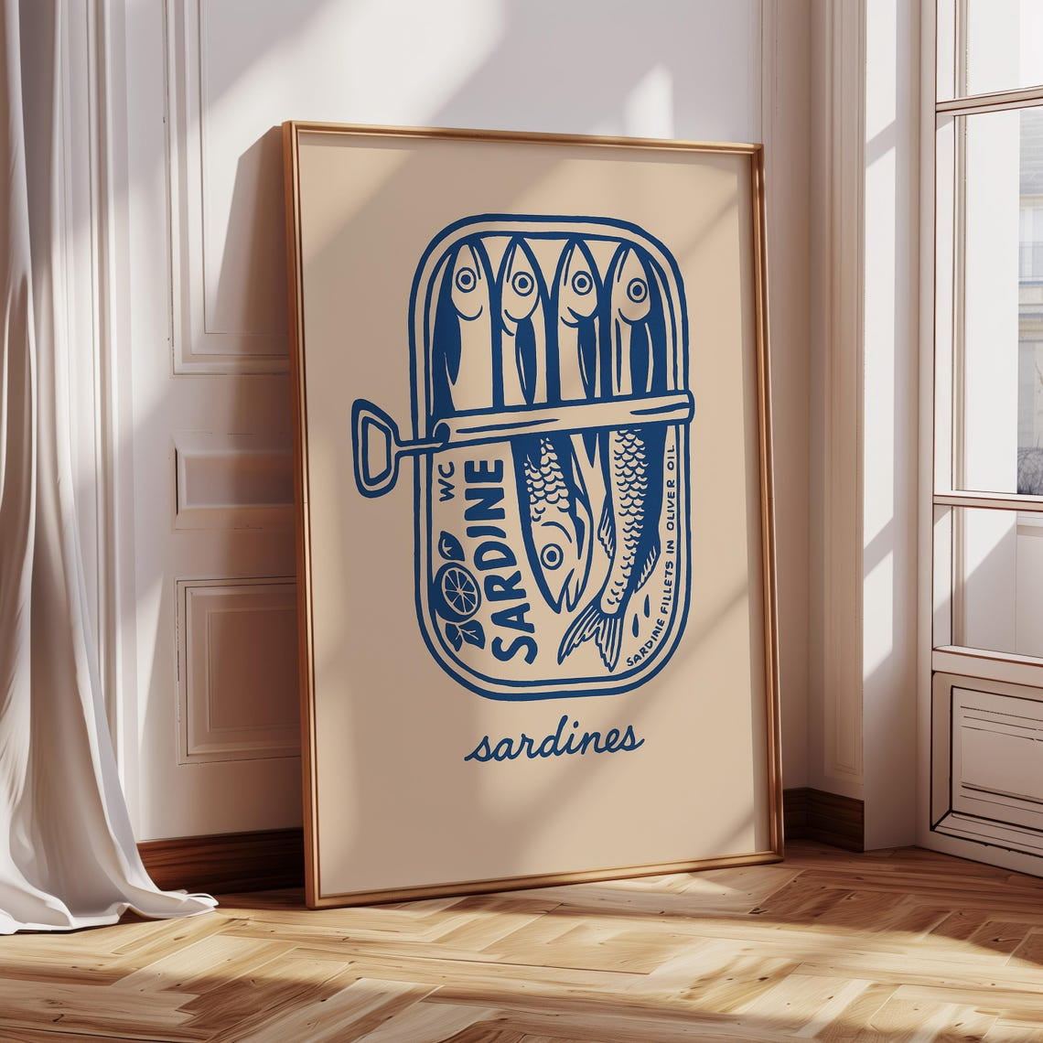 Retro Sardine Can Art Print – Bold Blue Kitchen Poster With Vintage Tin ...